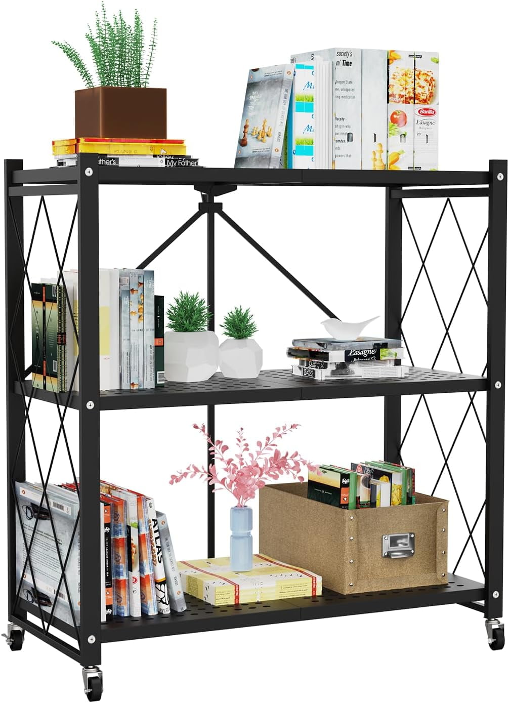 3-Tier Foldable Storage Shelf with Wheels - Metal Collapsible Shelving ...