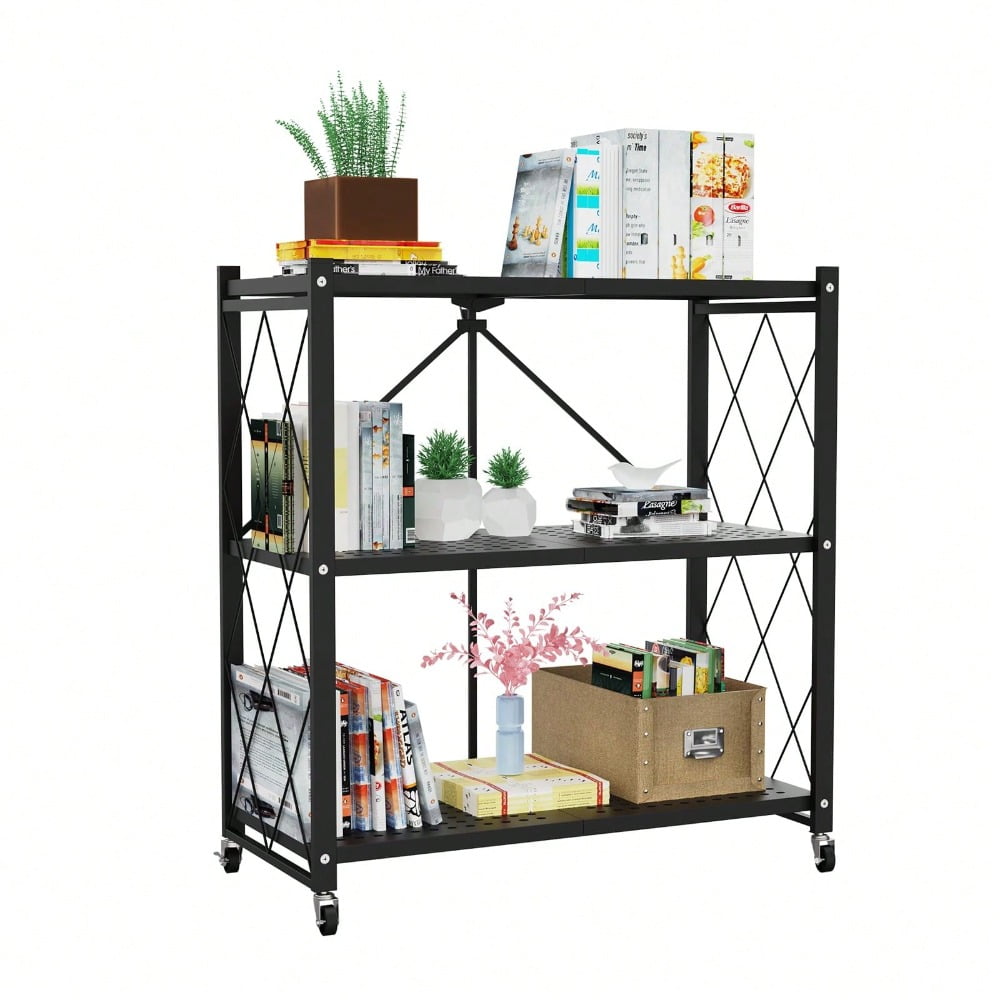 3-Tier Foldable Storage Shelf With Wheels - Metal Collapsible Shelving ...