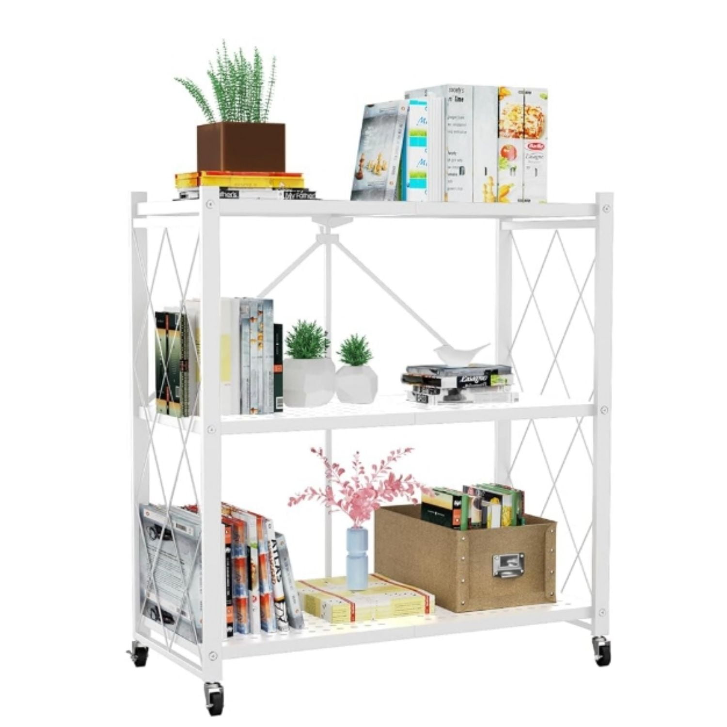 3-Tier Foldable Storage Shelf with Wheels - Metal Collapsible Shelving ...