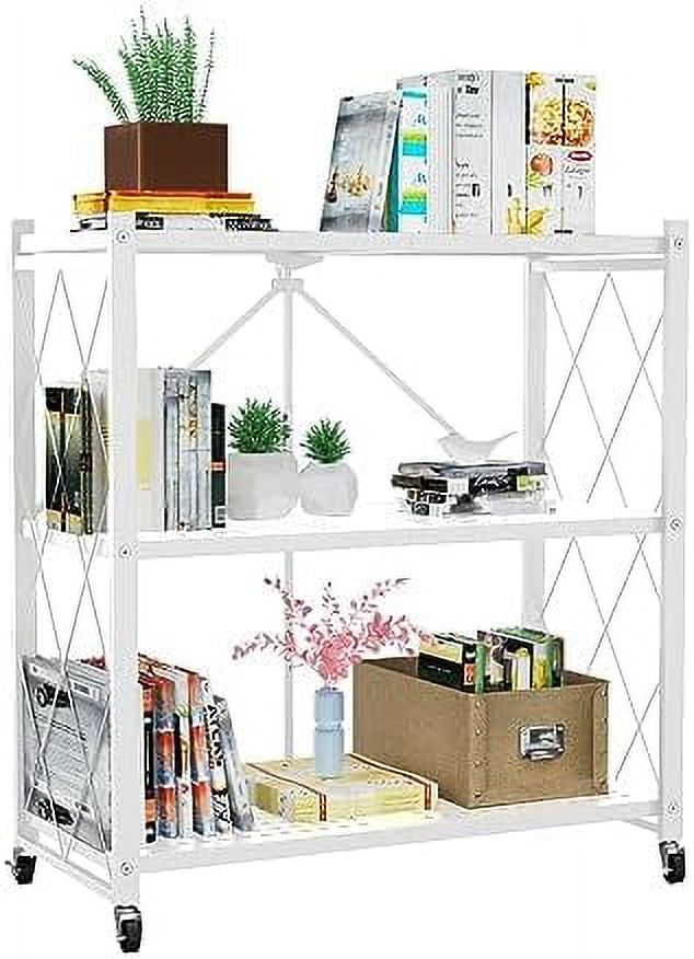 3-Tier Foldable Storage Shelf with Wheels - Metal Collapsible Shelving ...