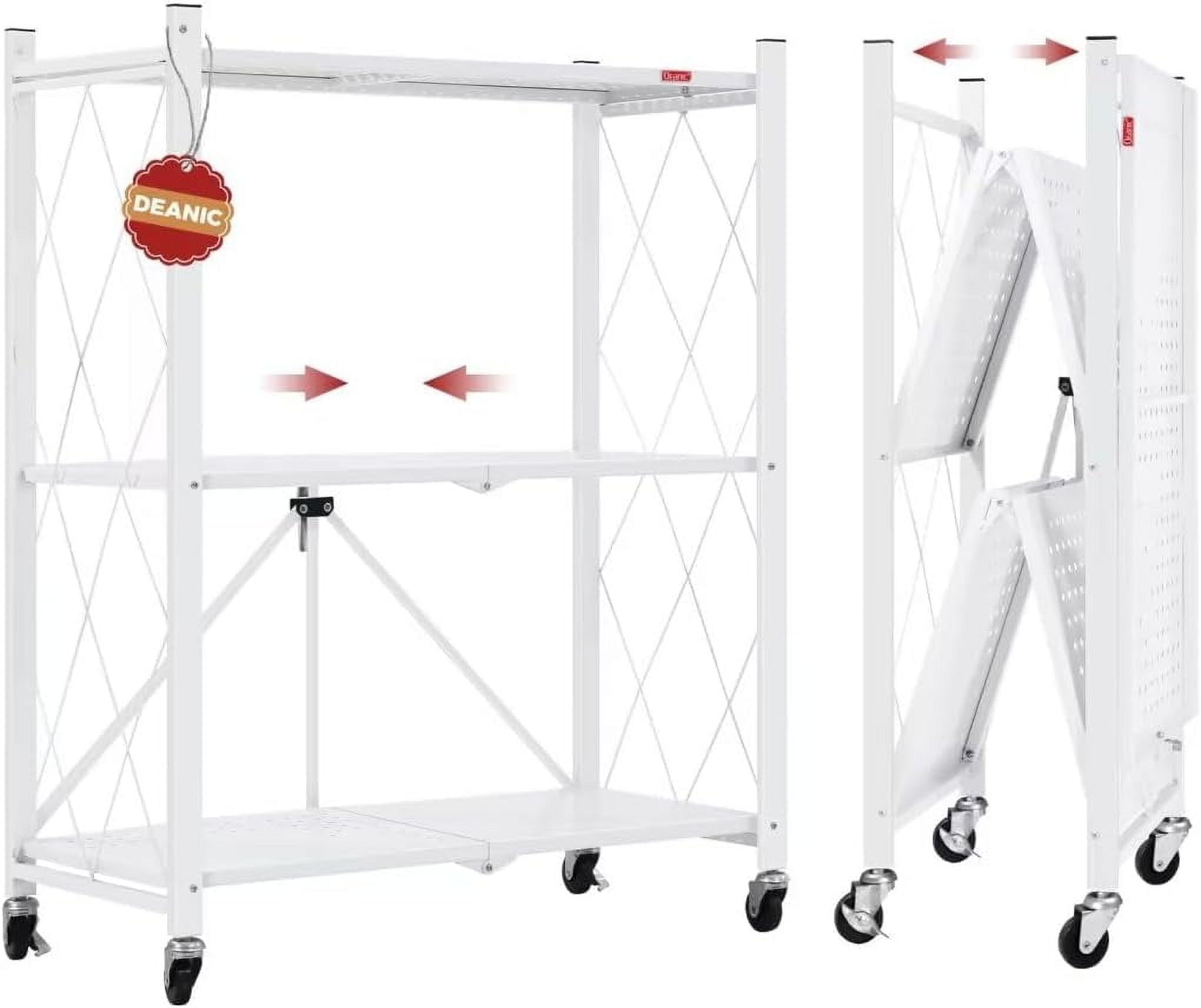 3 Tier Foldable Storage Shelves with Wheels, Kitchen Appliance Stand ...