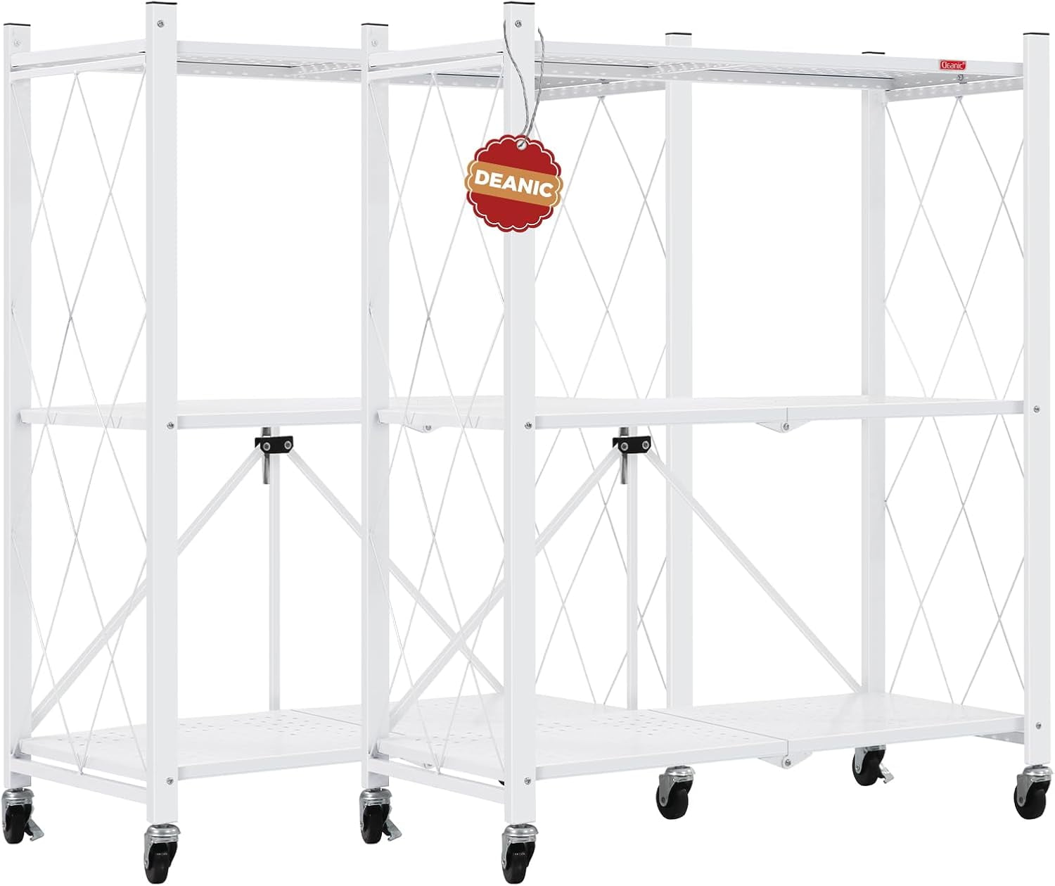 3 Tier Foldable Storage Shelves with Wheels, Large Capacity Shelving ...