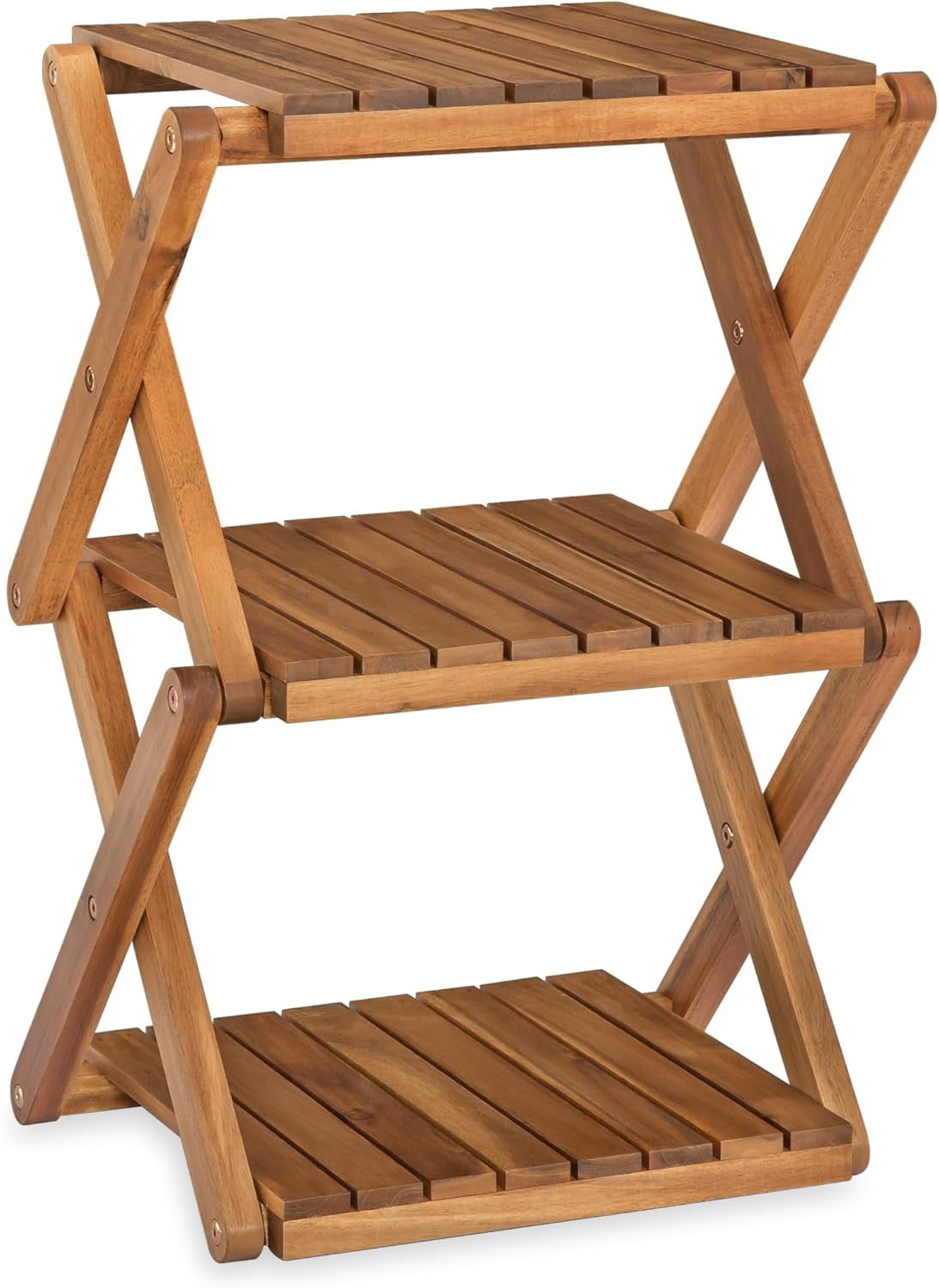 3-Tier Folding Acacia Wood Shoe Rack, Portable Compact Shoe Storage ...