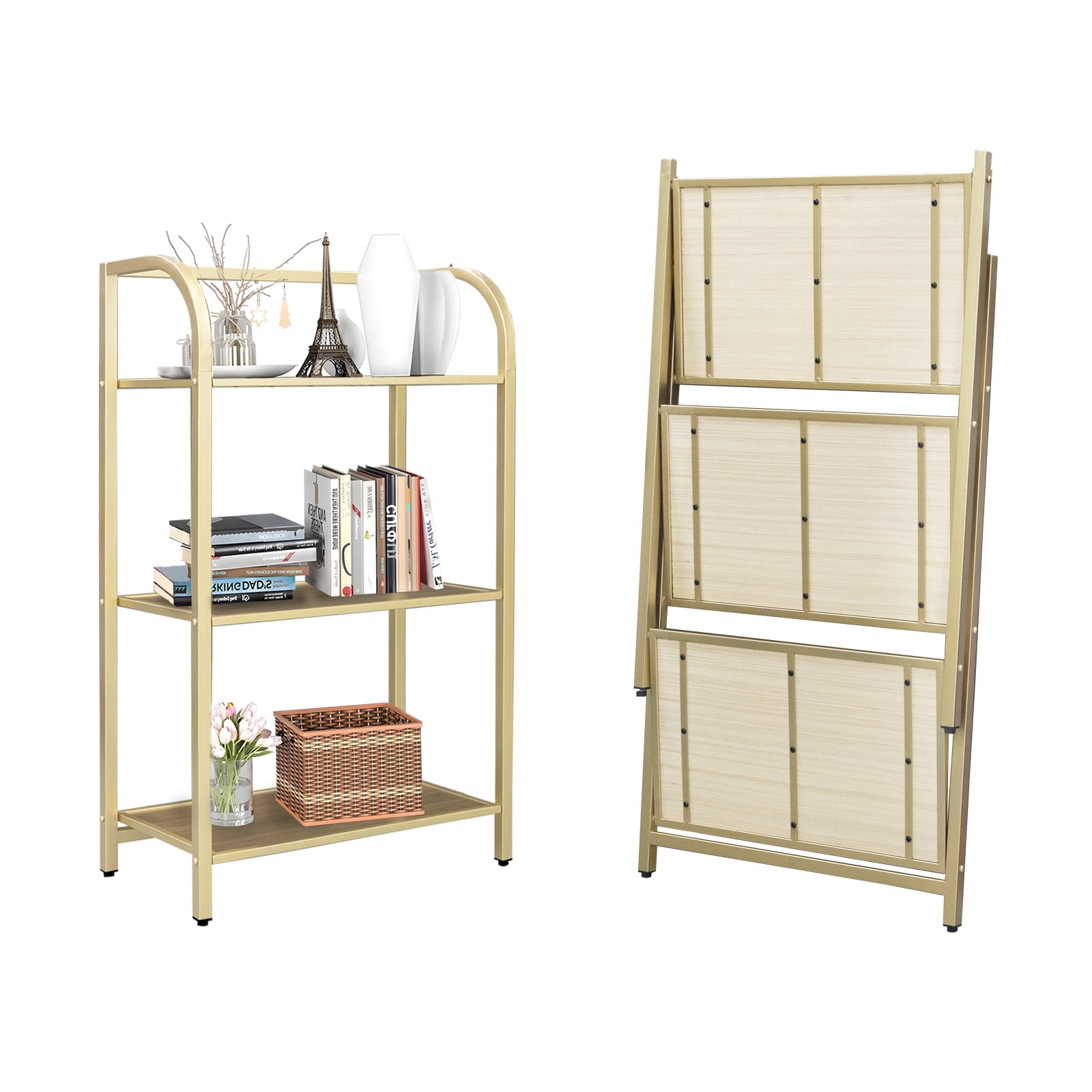 GIFTTROVE 3 Tier Folding Bookshelf, Gold Metal Bookshelf, Stand Book ...