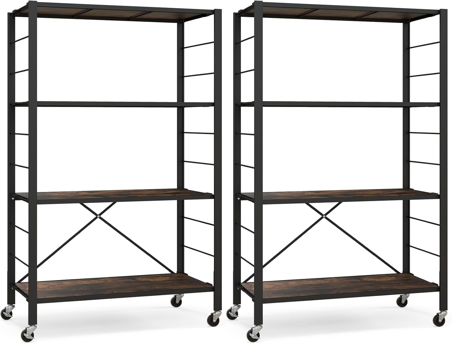 3-Tier Folding Bookshelf with Wheels Set of 2 Industrial Foldable Metal ...