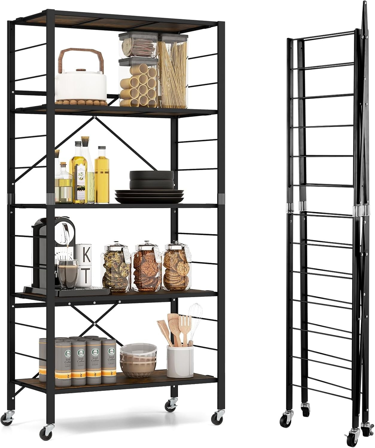 3-Tier Folding Bookshelf with Wheels Set of 2 Industrial Foldable Metal ...