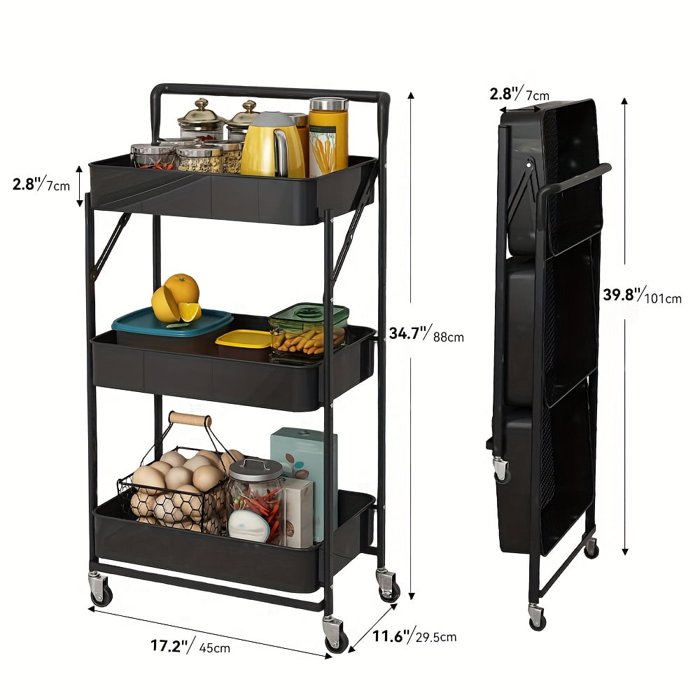 3-Tier Folding Cart with 4 Wheels - Metal Drainage Baskets for Home ...