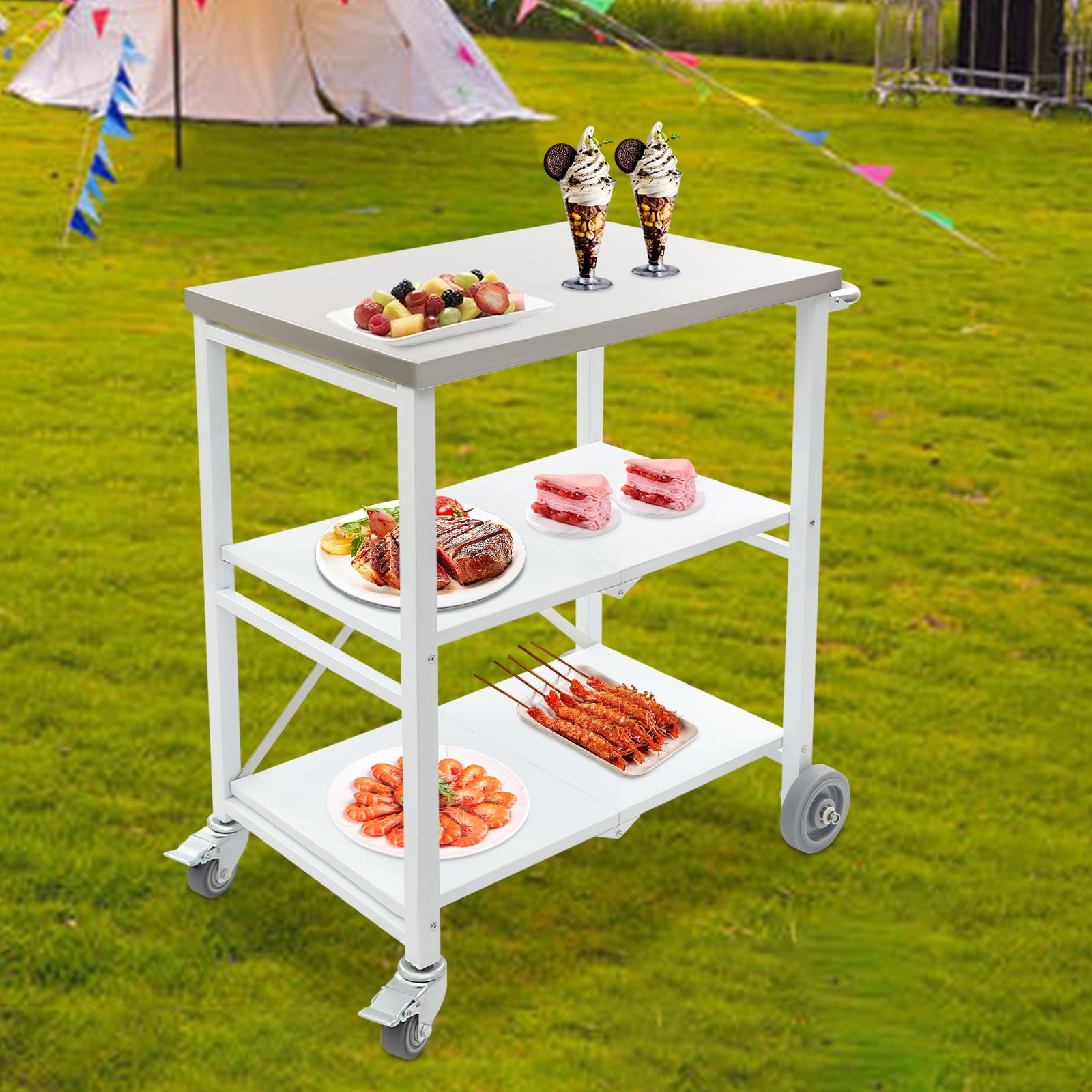 3-Tier Folding Hand Truck and Grill Cart, 440.92lbs Capacity, Stainless Steel Frame with 4 ...
