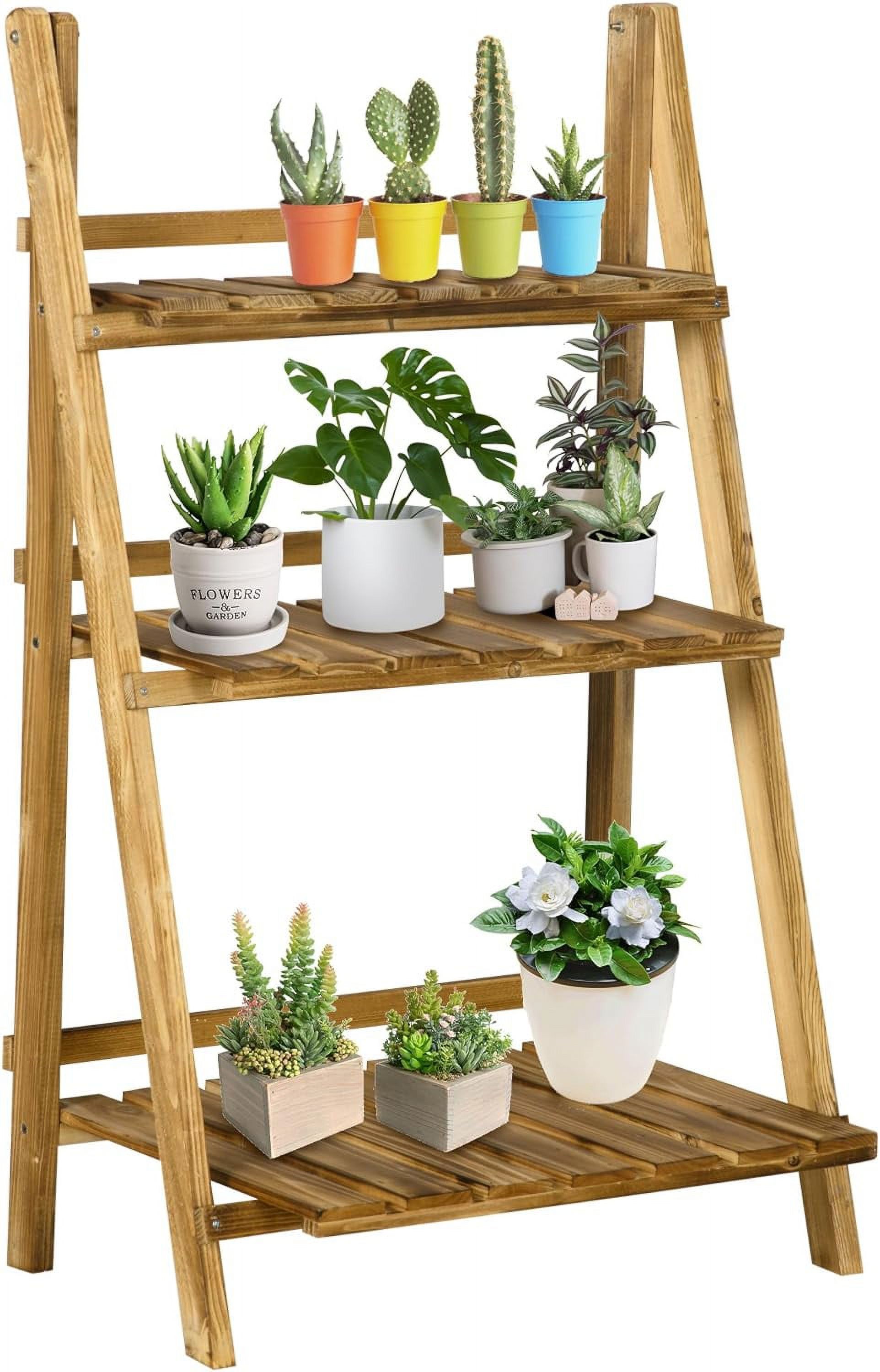 3-Tier Folding Plant Stand, Wooden Indoor Plant Shelf Display Stand ...