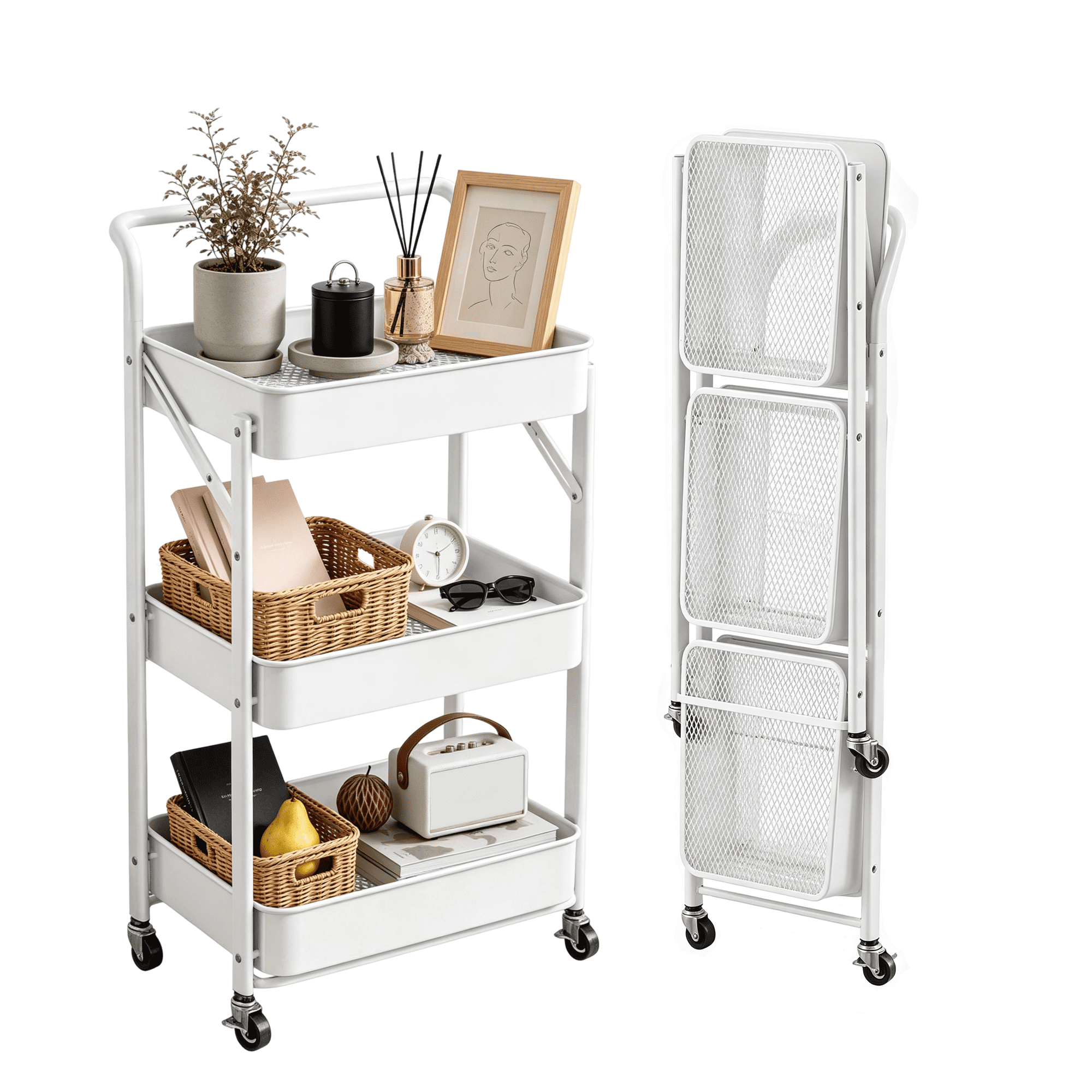3 Tier Folding Rolling Cart, Folding Utility Cart with Lockable Wheels ...