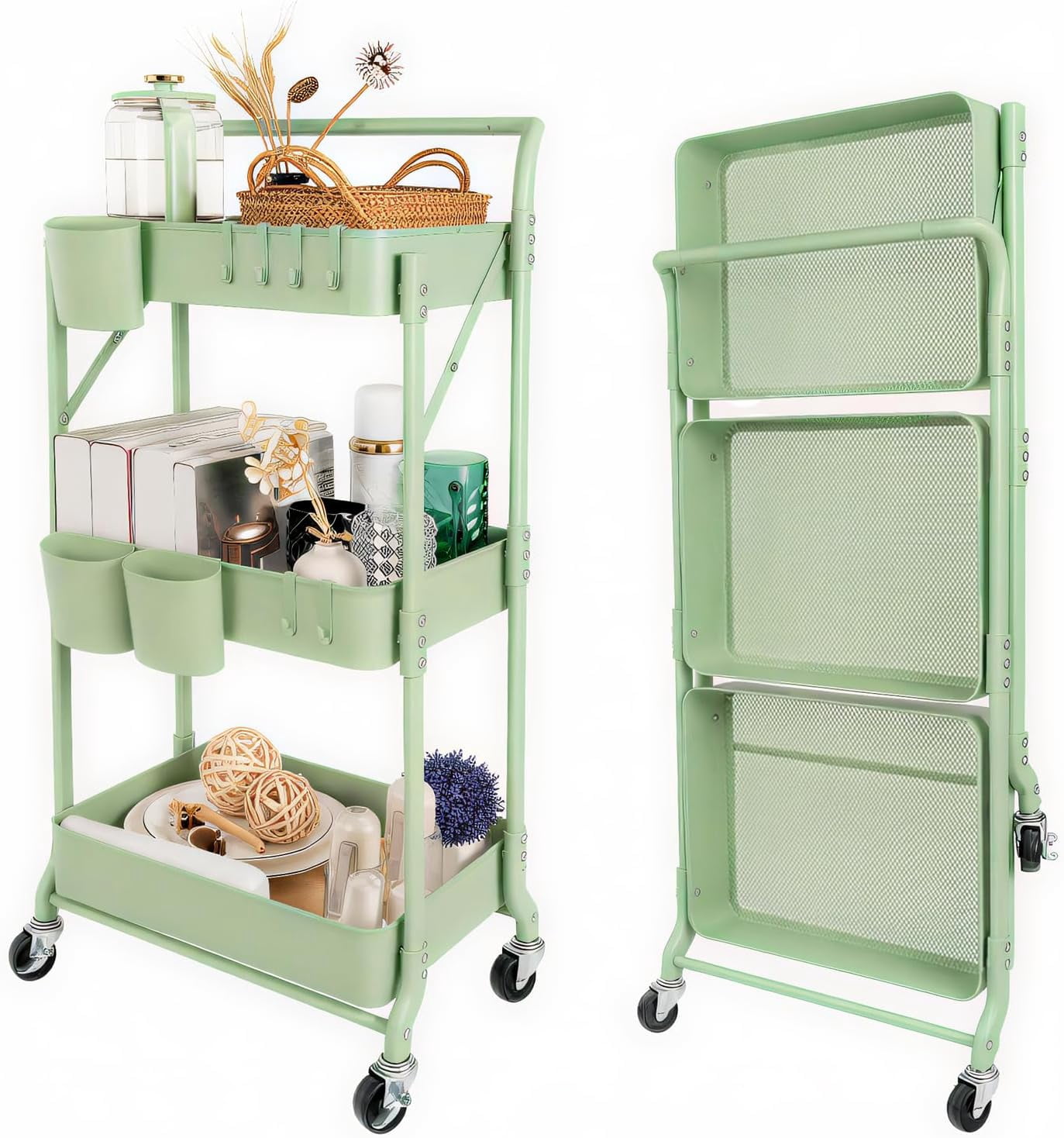 3-Tier Folding Rolling Utility Cart with Wheels, Foldable Storage Cart ...
