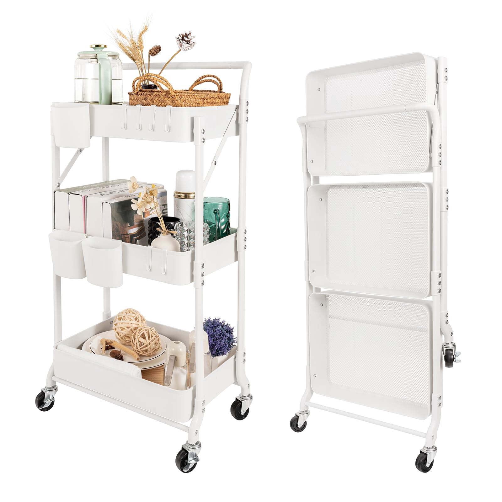 3-Tier Folding Rolling White Utility Cart With Wheels For Kitchen ...