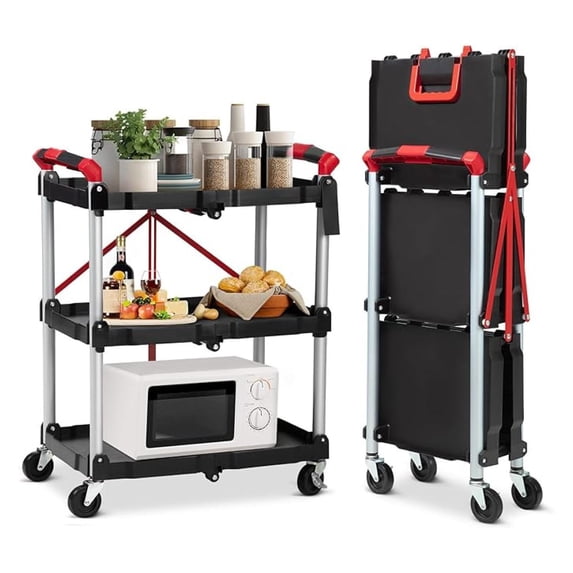 3 Tier Folding Service Cart, Foldable Utility Cart with Wheels, Heavy ...
