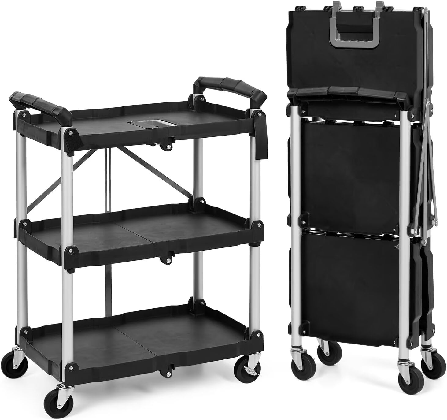 3-Tier Folding Service Cart with 360° Swivel Wheels, Foldable Utility ...