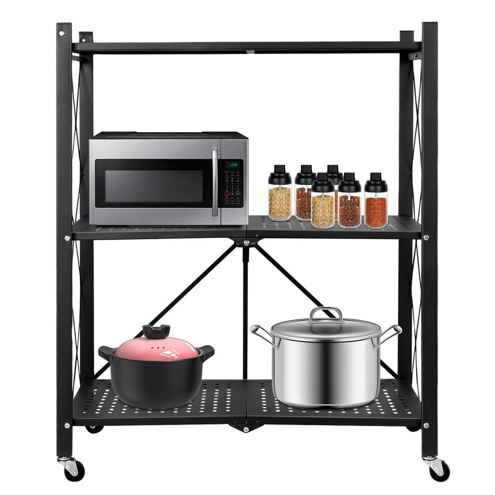 TOHU 3 Tier Folding Shelf Organizer Portable Shelving with Wheels No ...