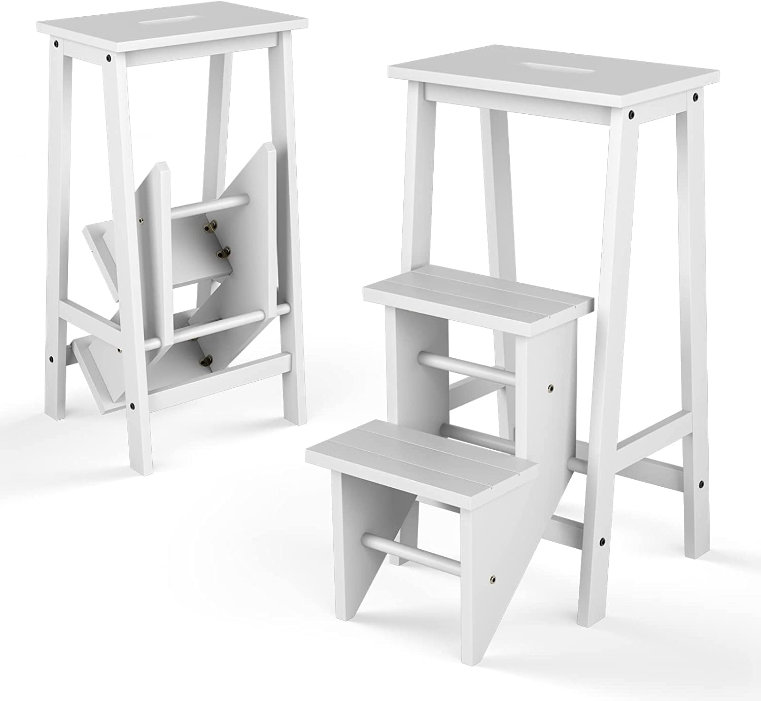 3 Tier Folding Step Ladder, Multifunction 3-in-1 Wood Step Stool, for ...