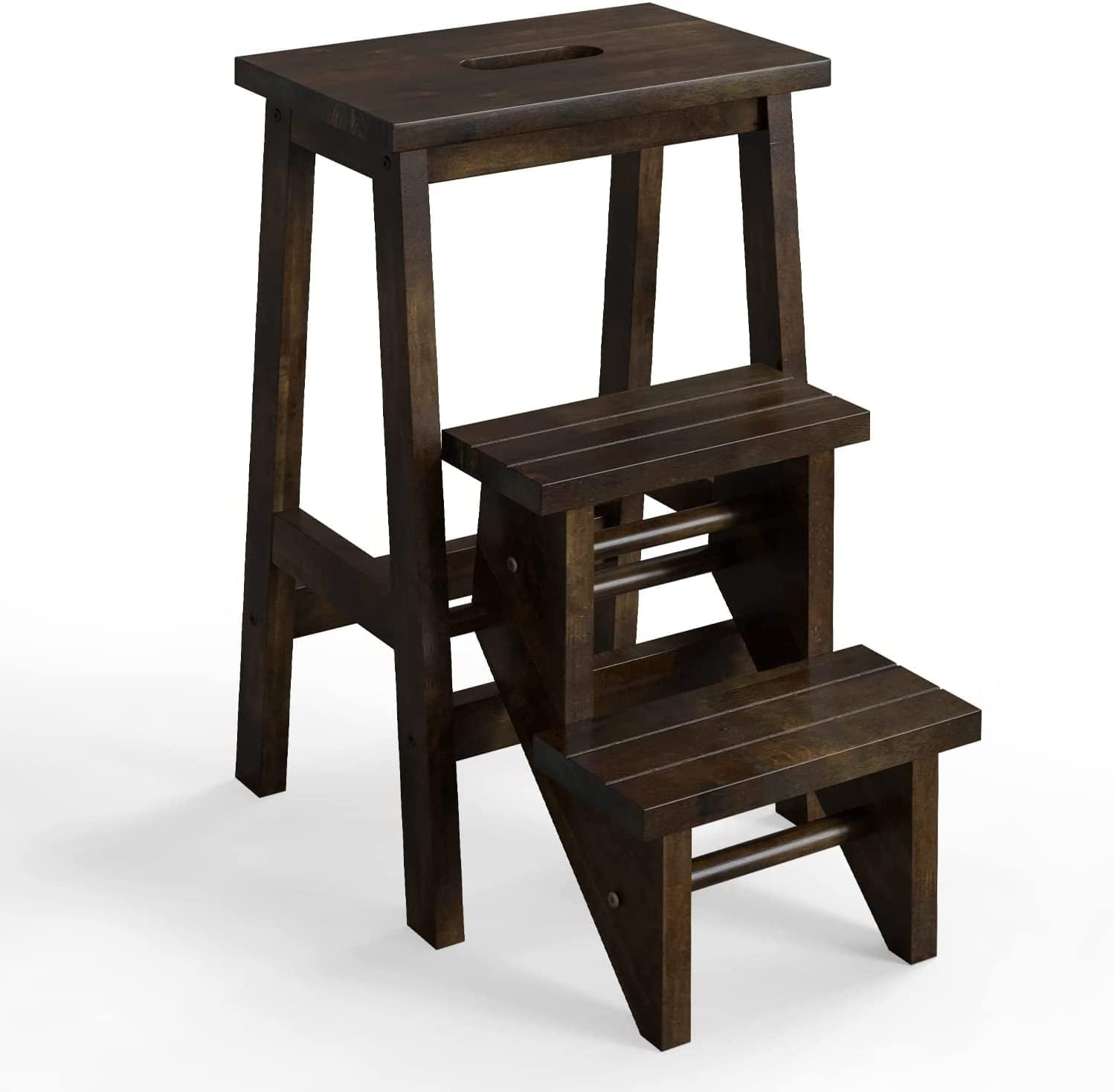 3-Tier Folding Step Stool, Portable Wood Step Ladder for Adults & Kids, 3-in-1 Storage Shelf ...