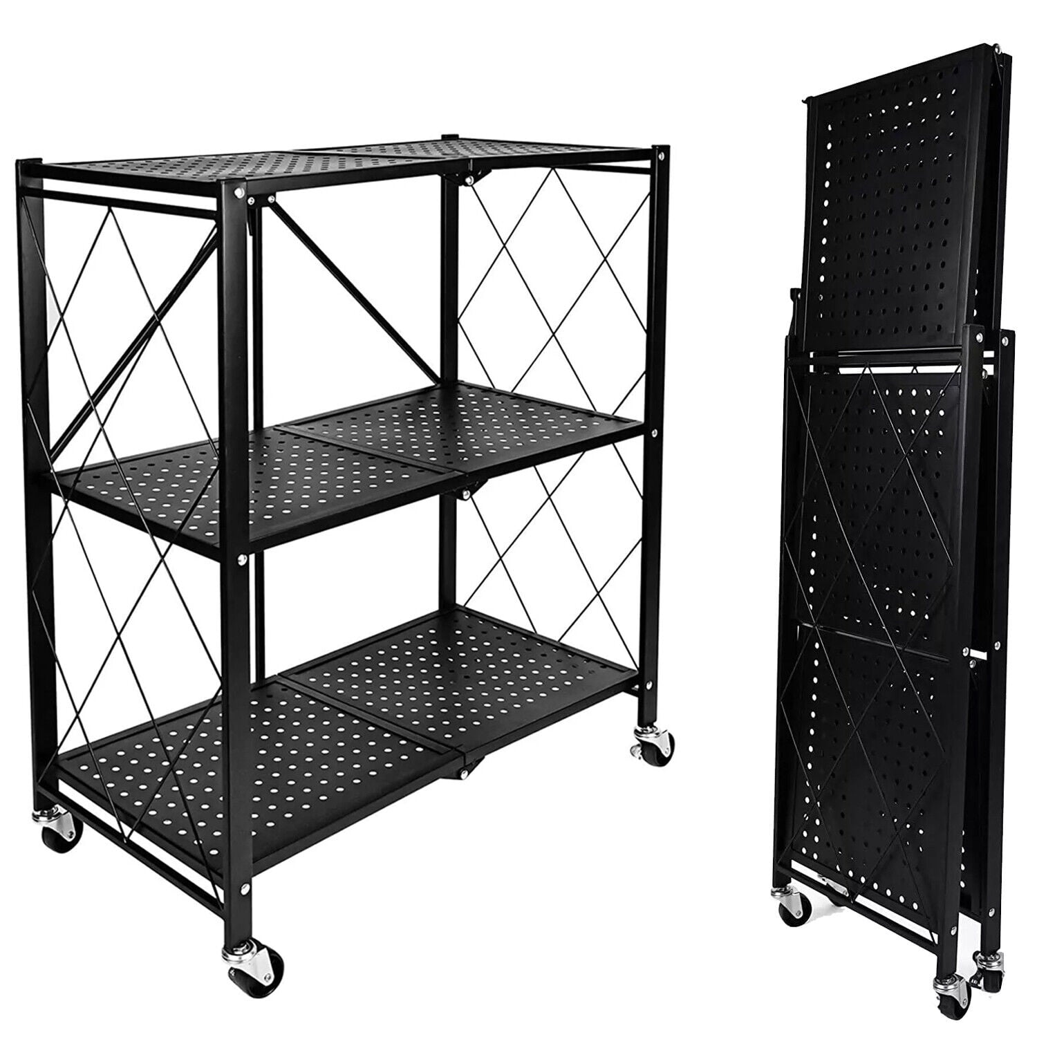 3 Tier Folding Storage Rack Heavy Duty Metal Bookshelf Shelving Unit ...