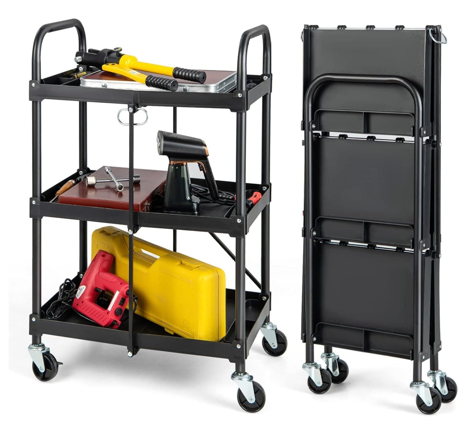 3-Tier Folding Tool Cart on Wheels, Rolling Tool Storage Organizer Cart ...