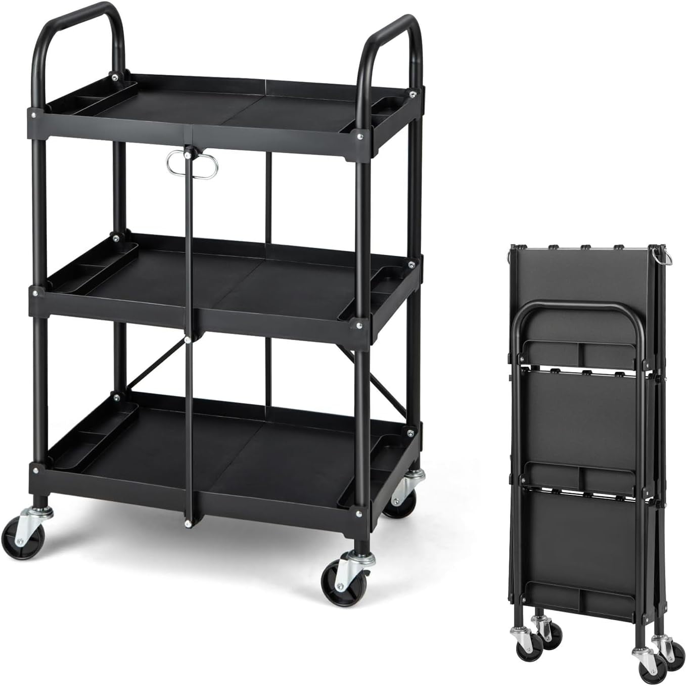 3-Tier Folding Utility Cart, Collapsible Storage Tool Cart with ...