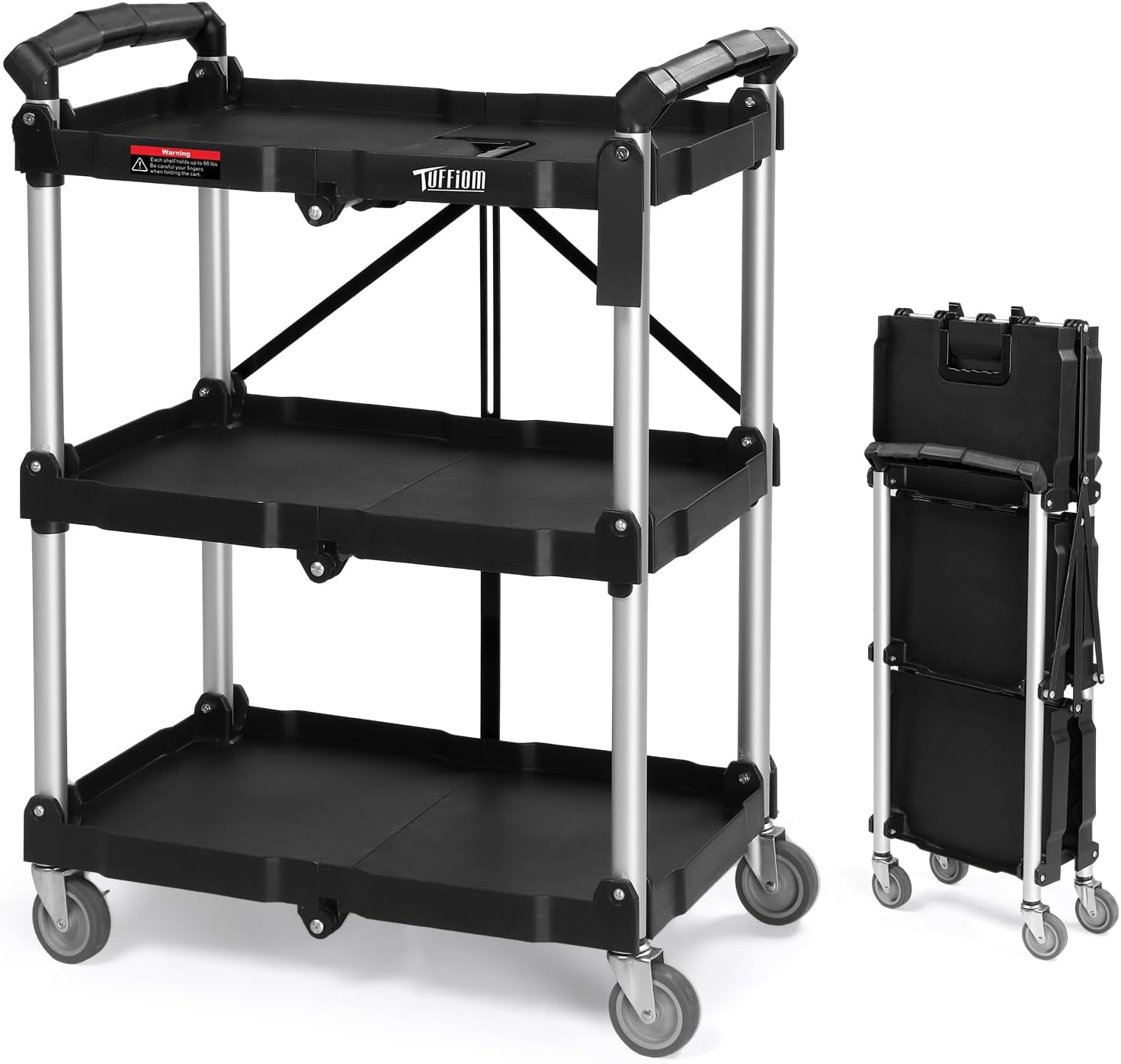 3-Tier Folding Utility Cart, Foldable Rolling Cart with Wheels, 165LBS ...
