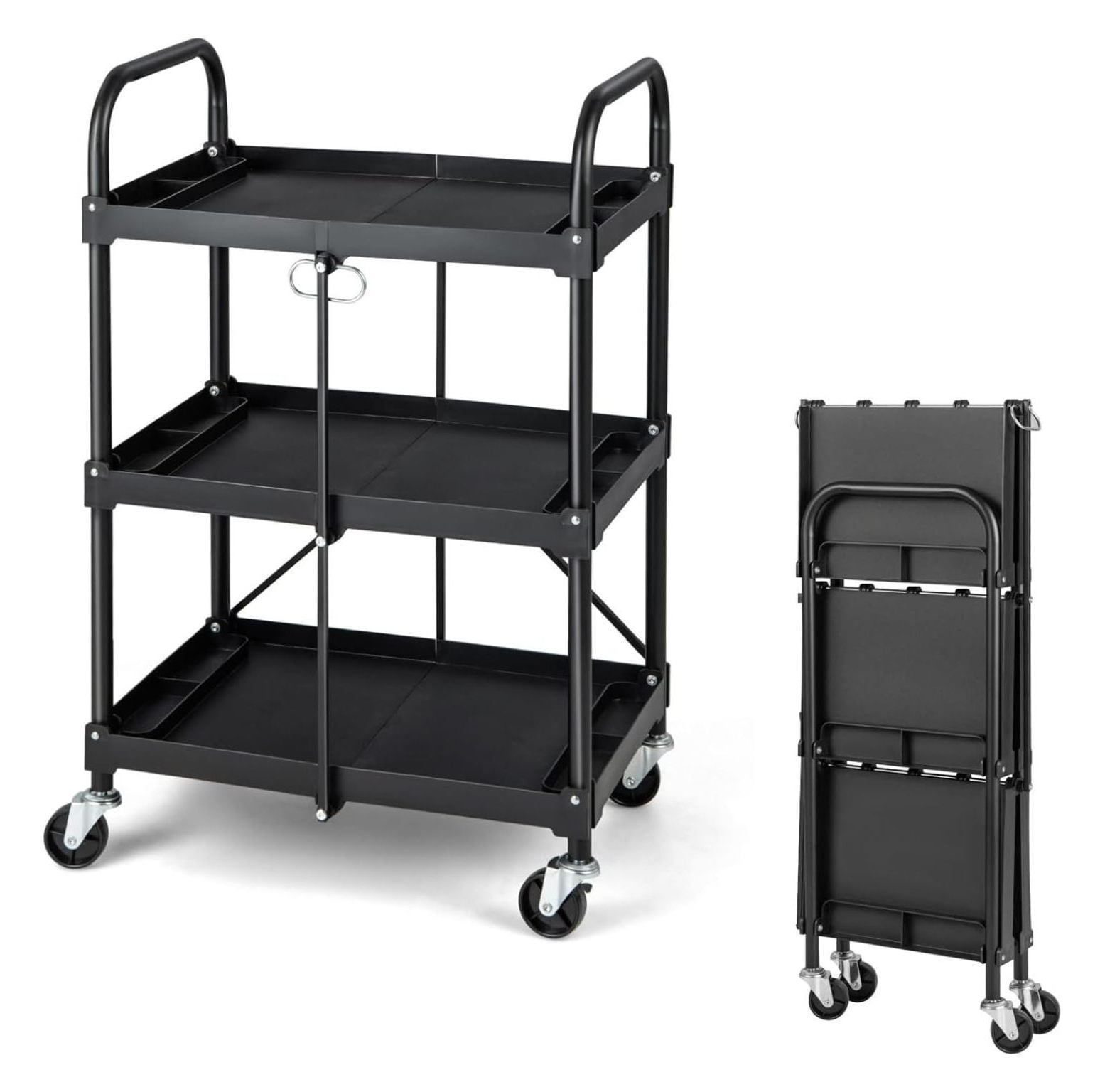 3-Tier Folding Utility Cart with Lockable Wheels, Heavy-Duty Metal ...
