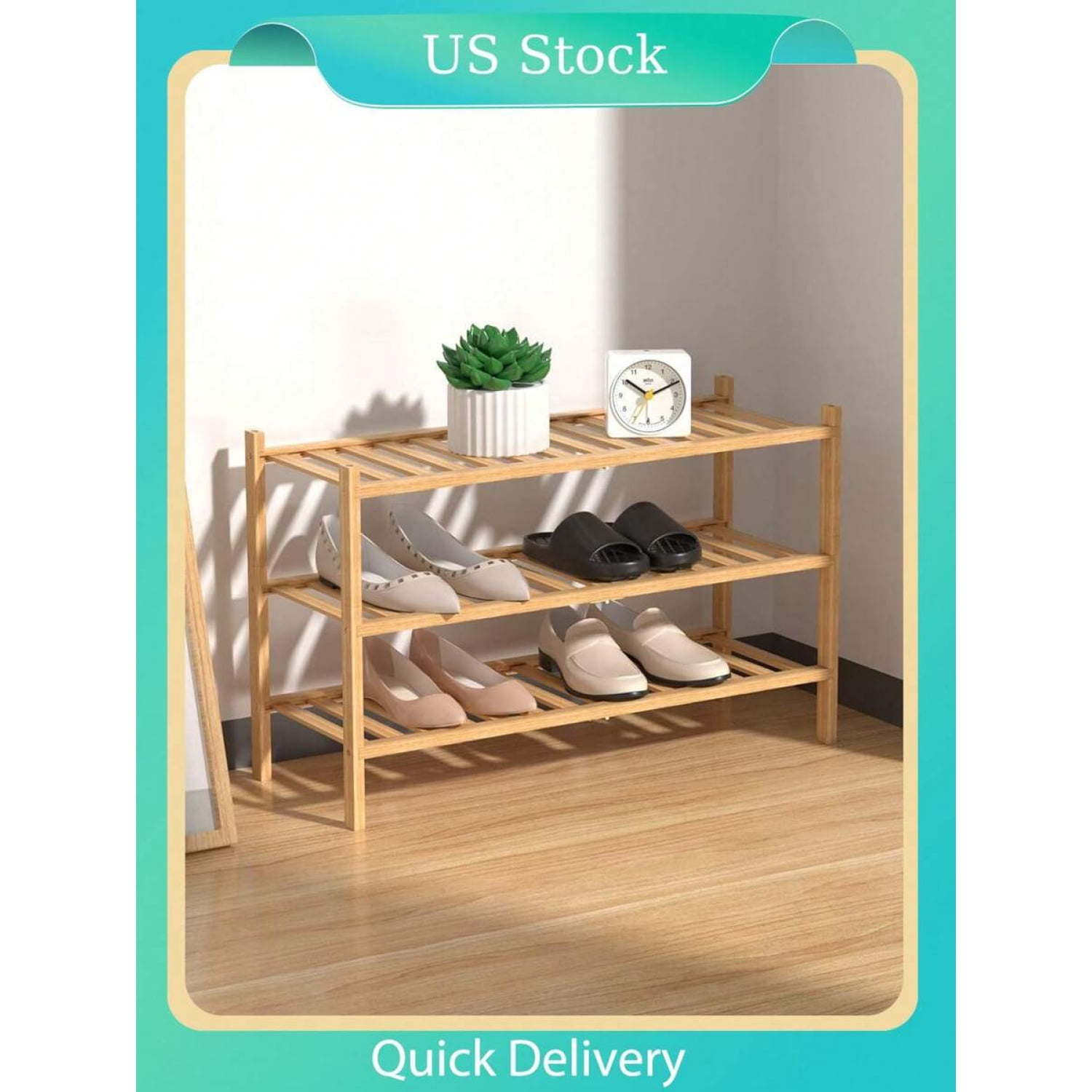 3-Tier Free Standing Shoe Racks, Bamboo Wood Shoe Rack For Entryway ...