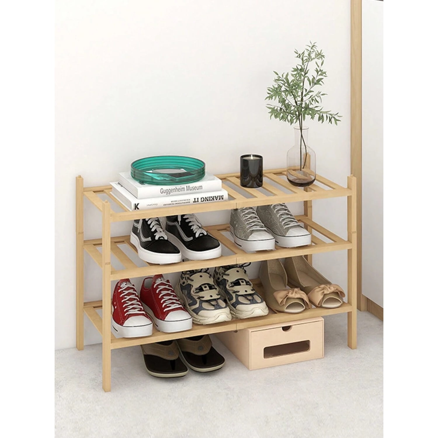 3-Tier Free Standing Shoe Racks, Bamboo Wood Shoe Rack For Entryway ...