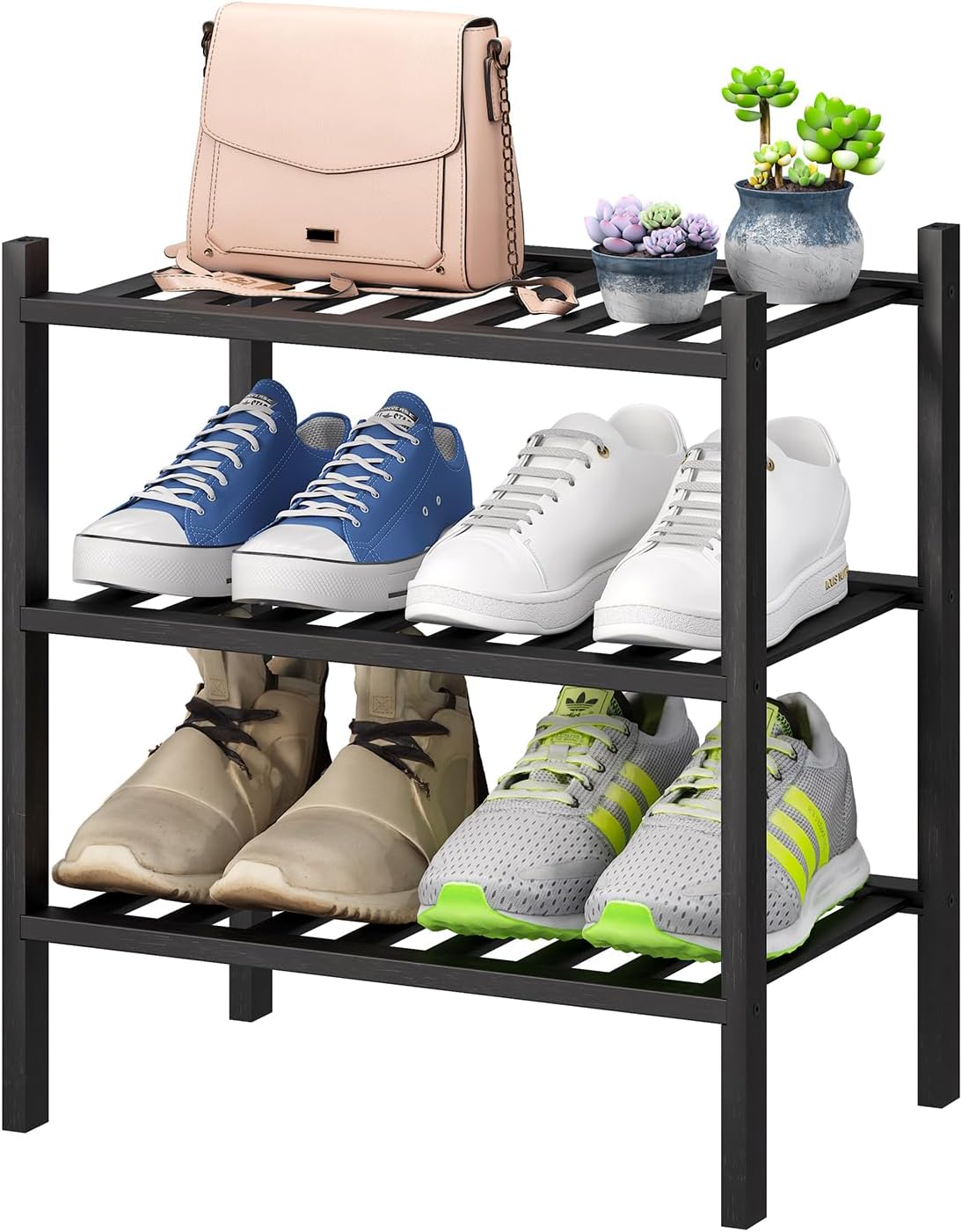 3-Tier Free Standing Shoe Racks, Bamboo Wood Shoe Rack for Entryway ...