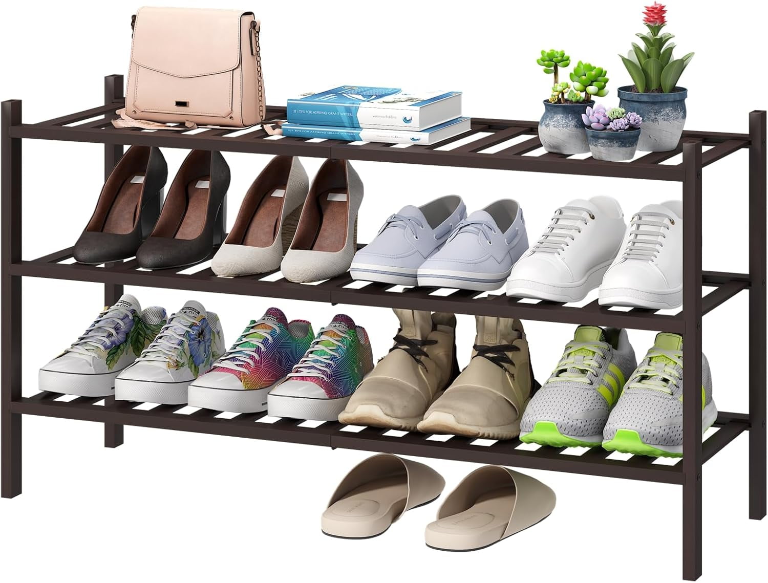 3-Tier Free Standing Shoe Racks, Bamboo Wood Shoe Rack for Entryway ...
