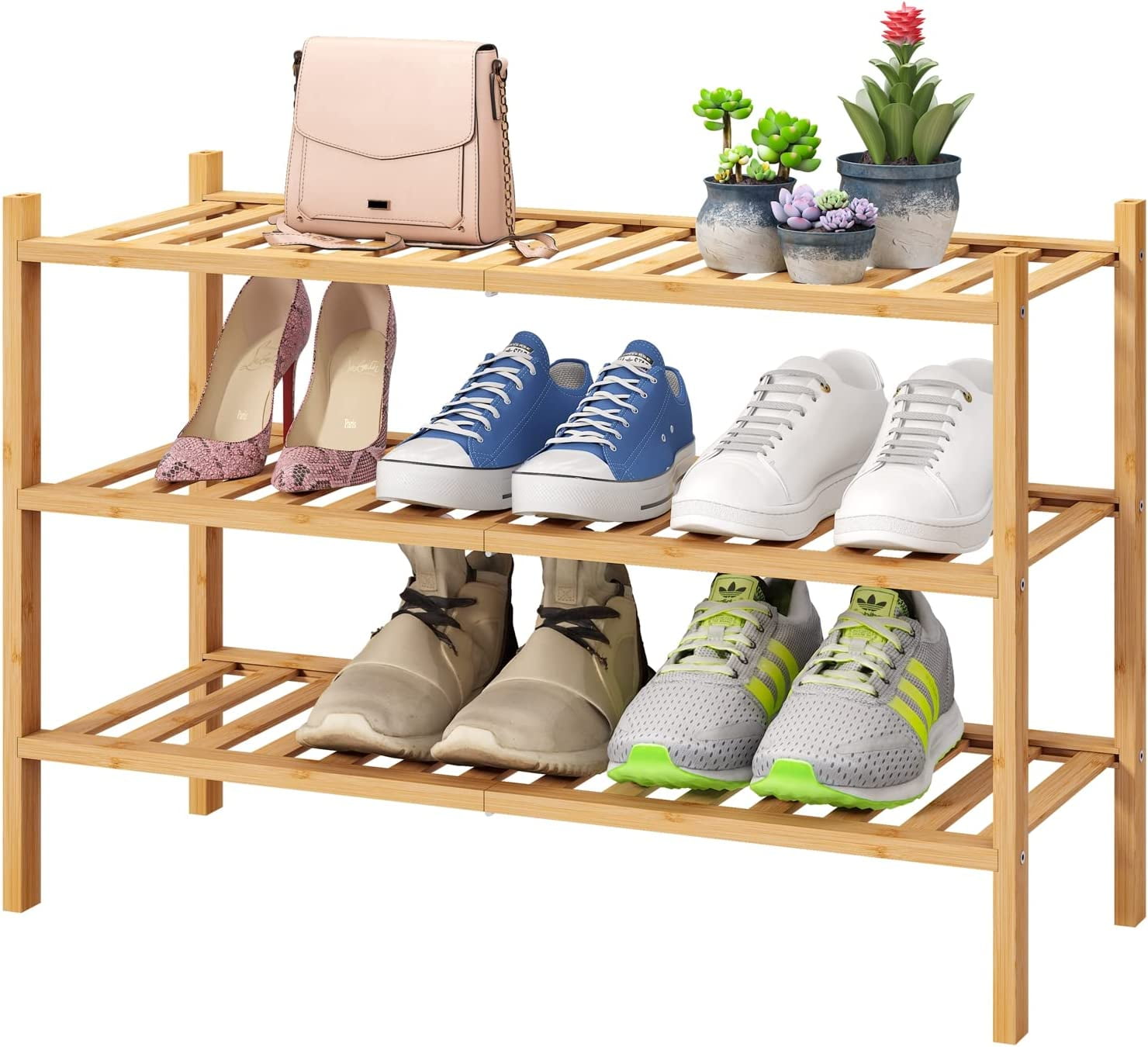 3-Tier Free Standing Shoe Racks, Bamboo Wood Shoe Rack for Entryway ...