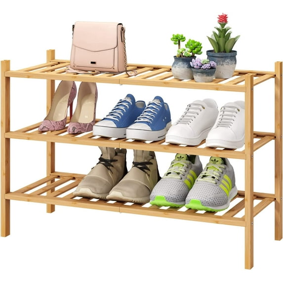 3-Tier Free Standing Shoe Racks, Bamboo Wood Shoe Rack for Entryway ...