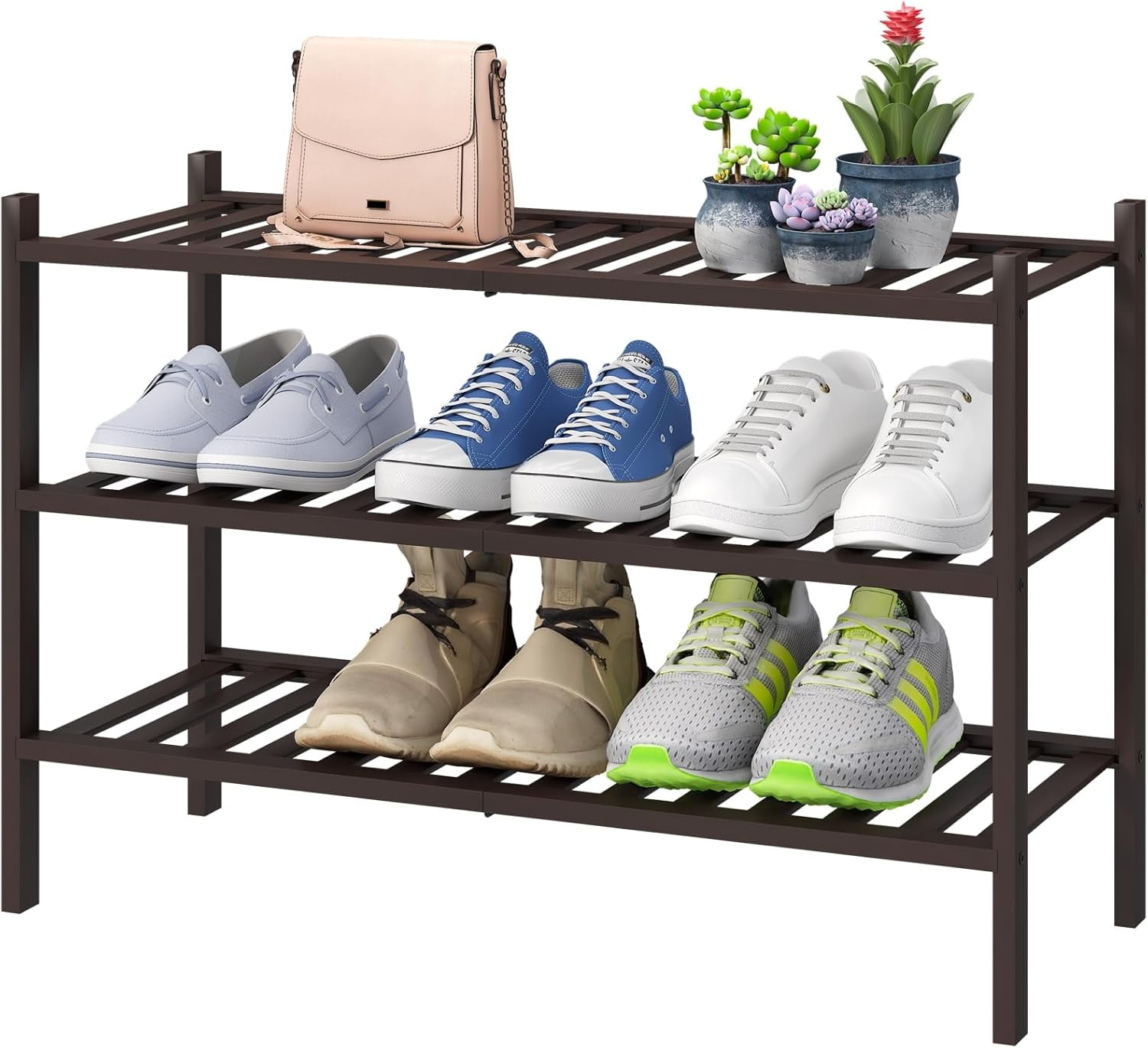 3-Tier Free Standing Shoe Racks, Bamboo Wood Shoe Rack for Entryway ...