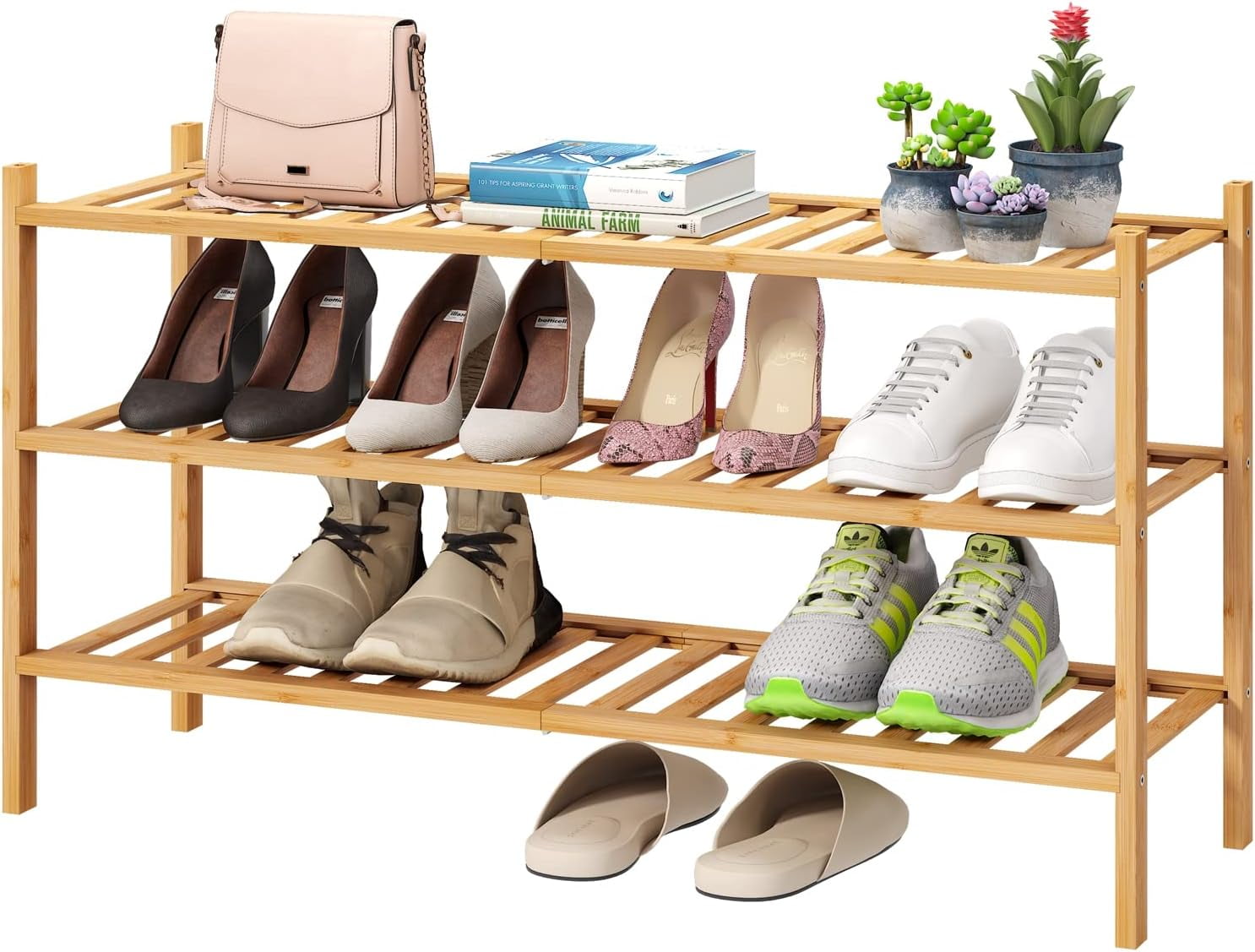 3-Tier Free Standing Shoe Racks, Bamboo Wood Shoe Rack for Entryway ...
