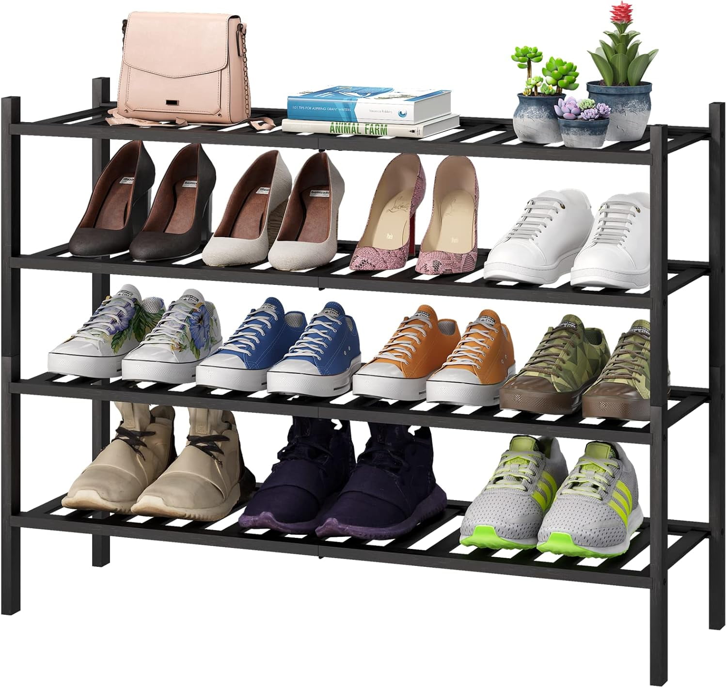 3-Tier Free Standing Shoe Racks, Bamboo Wood Shoe Rack for Entryway ...
