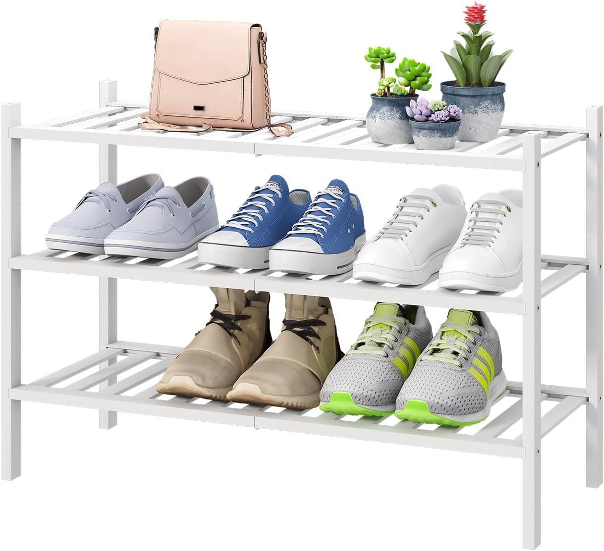 3-Tier Free Standing Shoe Racks, Bamboo Wood Shoe Rack for Entryway ...