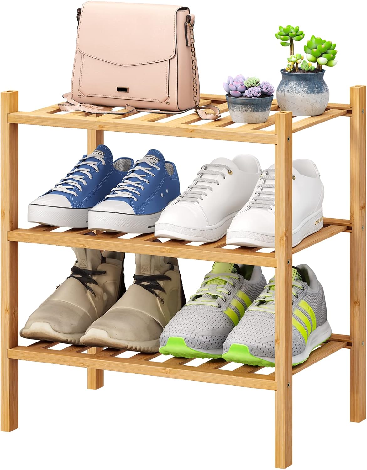 3-Tier Free Standing Shoe Racks, Bamboo Wood Shoe Rack for Entryway ...