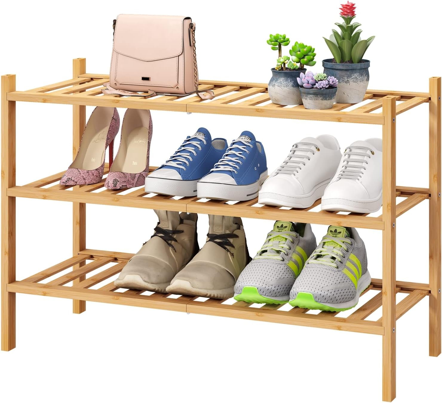 3-Tier Freestanding Bamboo Shoe Rack, Natural Sturdy Functional Shoe ...
