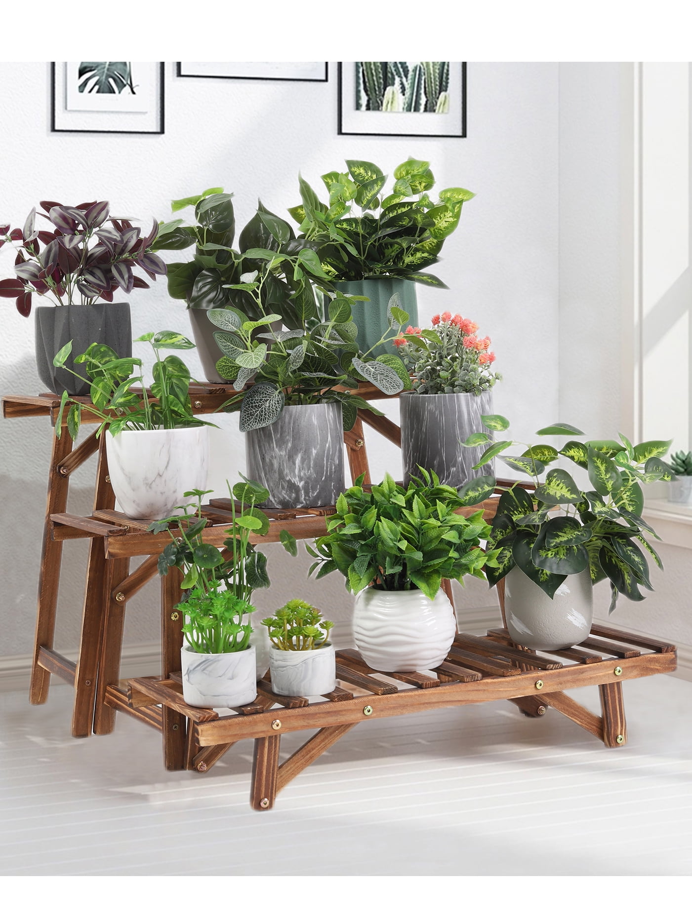 3 Tier Freestanding Ladder Shelf Wood Plant Stand Indoor Outdoor Plant ...