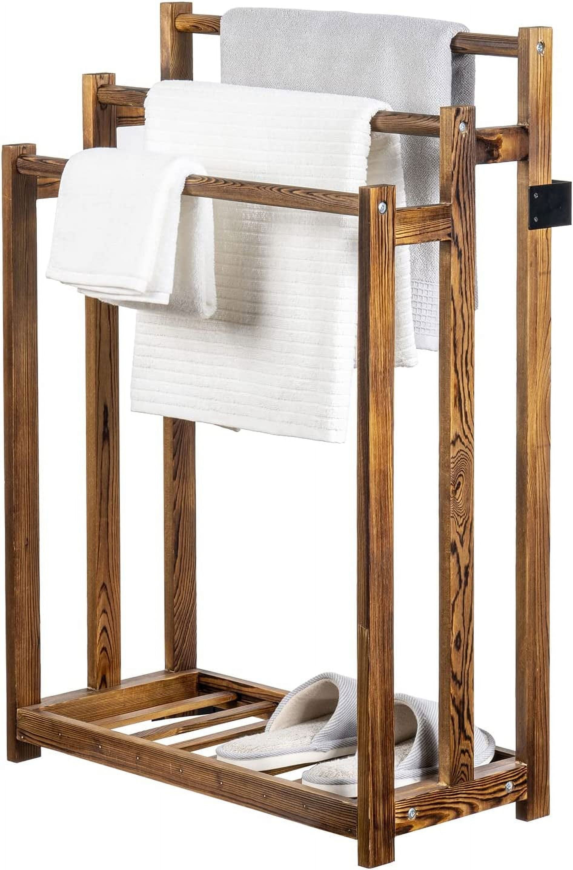 3 Tier Freestanding Towel Rack - Rustic Dark Brown Wood Bathroom Towel ...