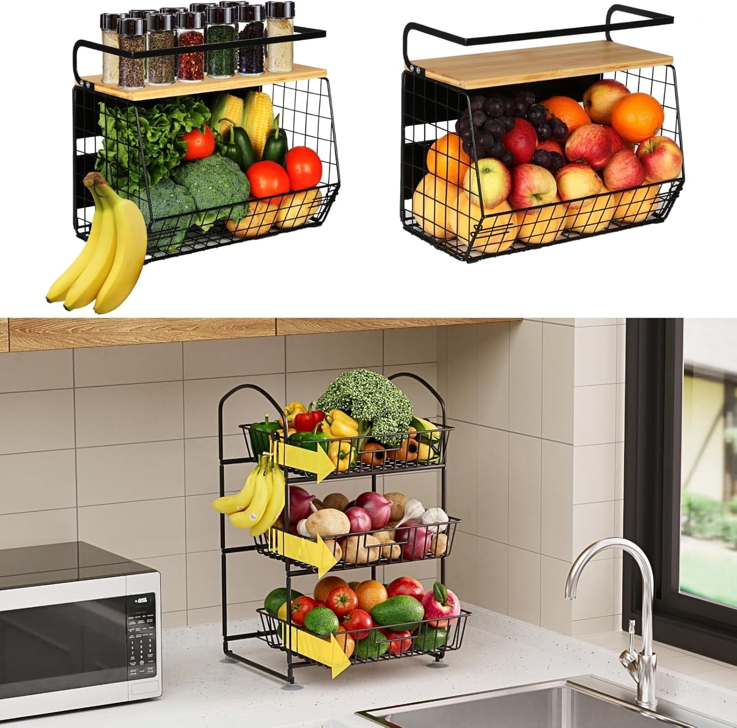 3 Tier Fruit Basket with 2 Banana Hangers, Detachable Countertop Fruit ...