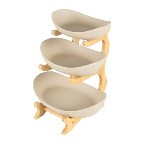 3 Tier Fruit Basket, Earthy Color Ceramic Fruit Bowl With Bamboo Wood ...
