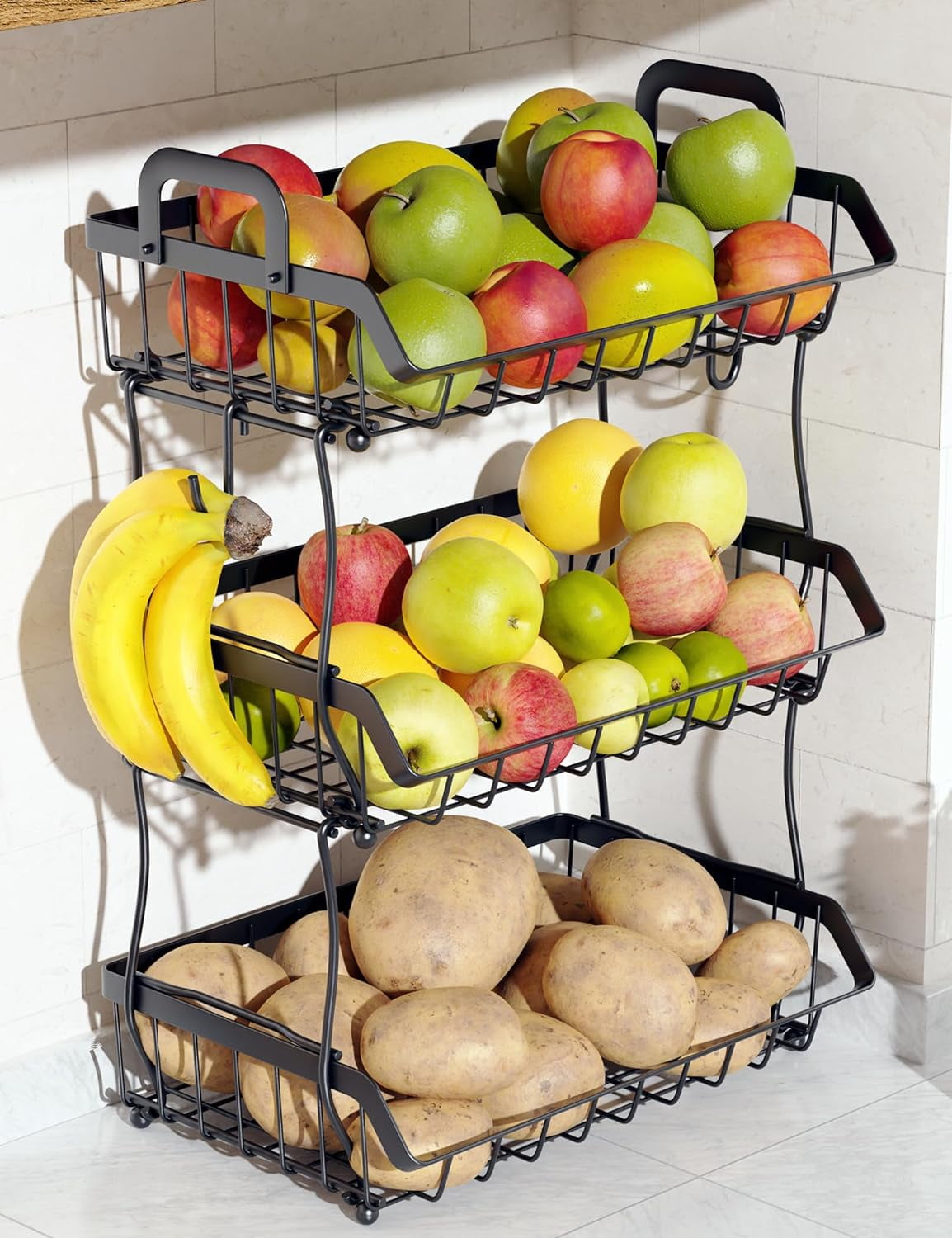 3-Tier Fruit Basket for Kitchen Counter with 2 Banana Hangers ...
