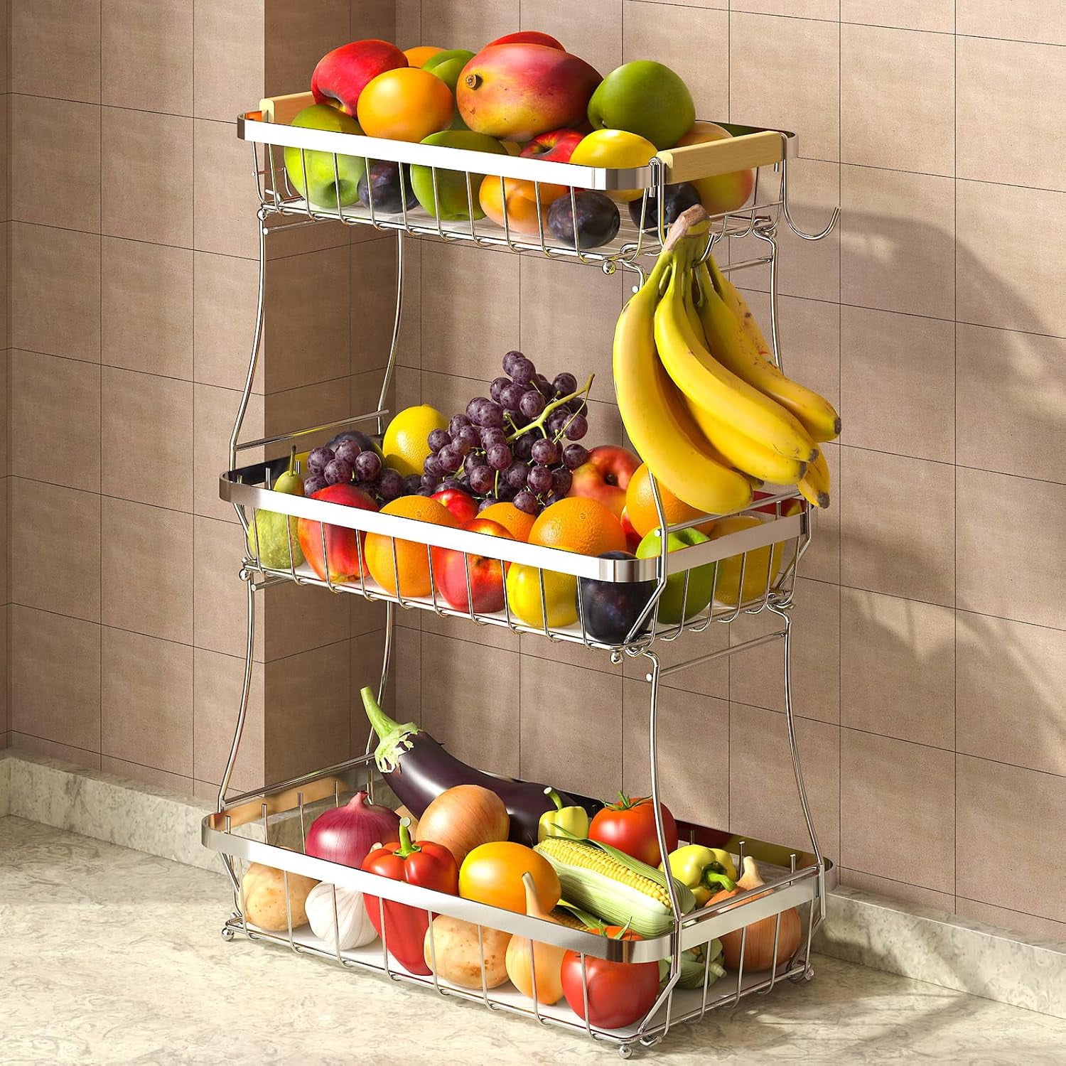 DF 3 Tier Fruit Basket for Kitchen Counter with 2 Mobile Banana Hangers ...
