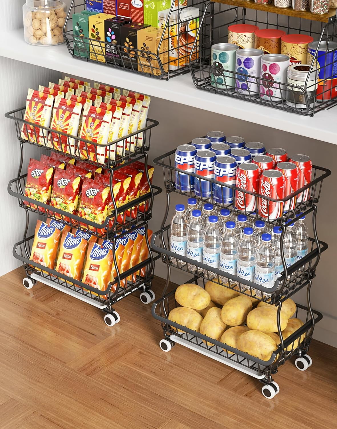 3 Tier Fruit Basket for Kitchen, Stackable Bins Wire Rack with Wheels ...