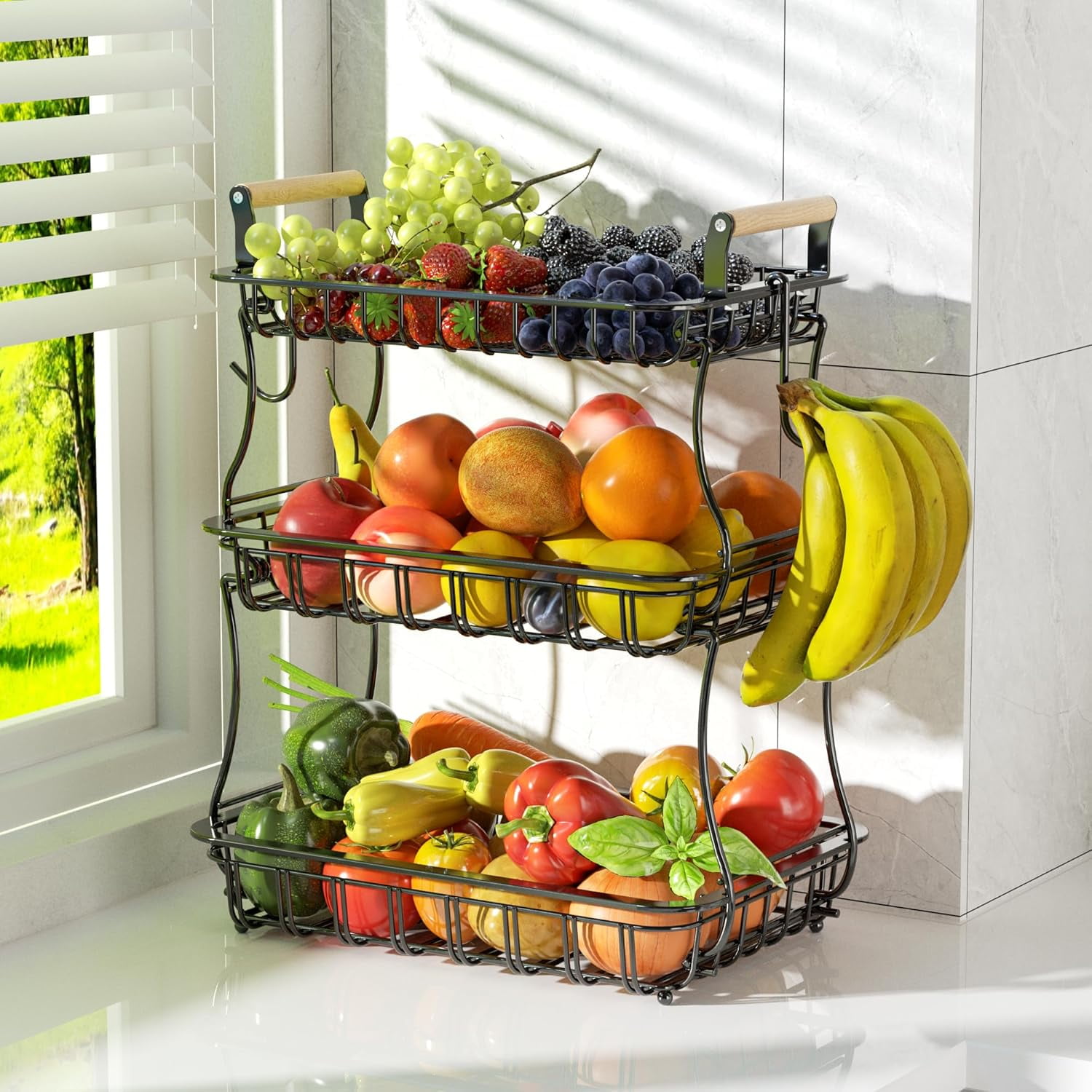 3 Tier Fruit Basket, Mesh Tier & 2 Banana Hanger & Wooden Handle, Fruit ...