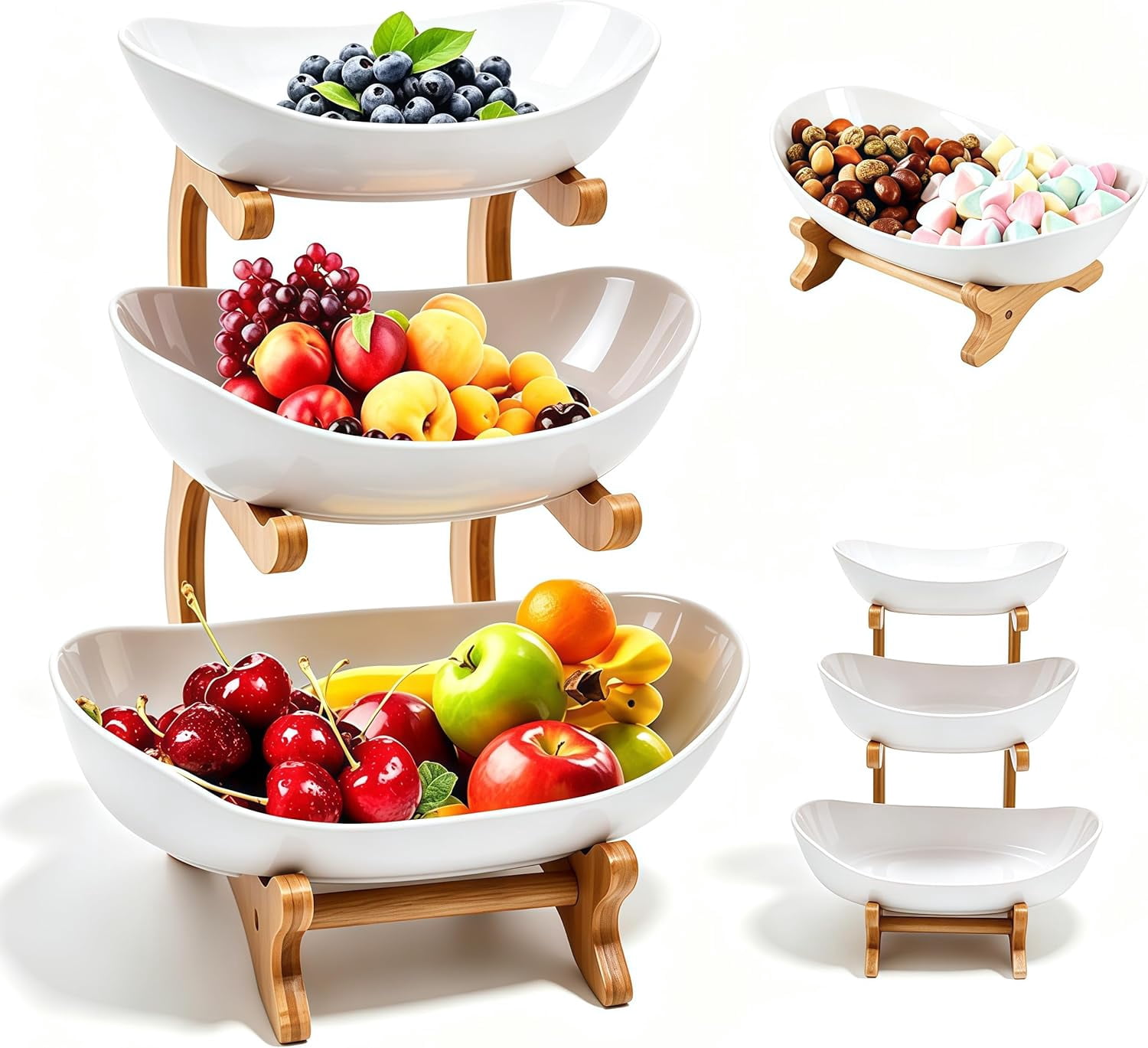 3-Tier Fruit Basket, Oval Design with Bamboo Stand, Space-Saving ...