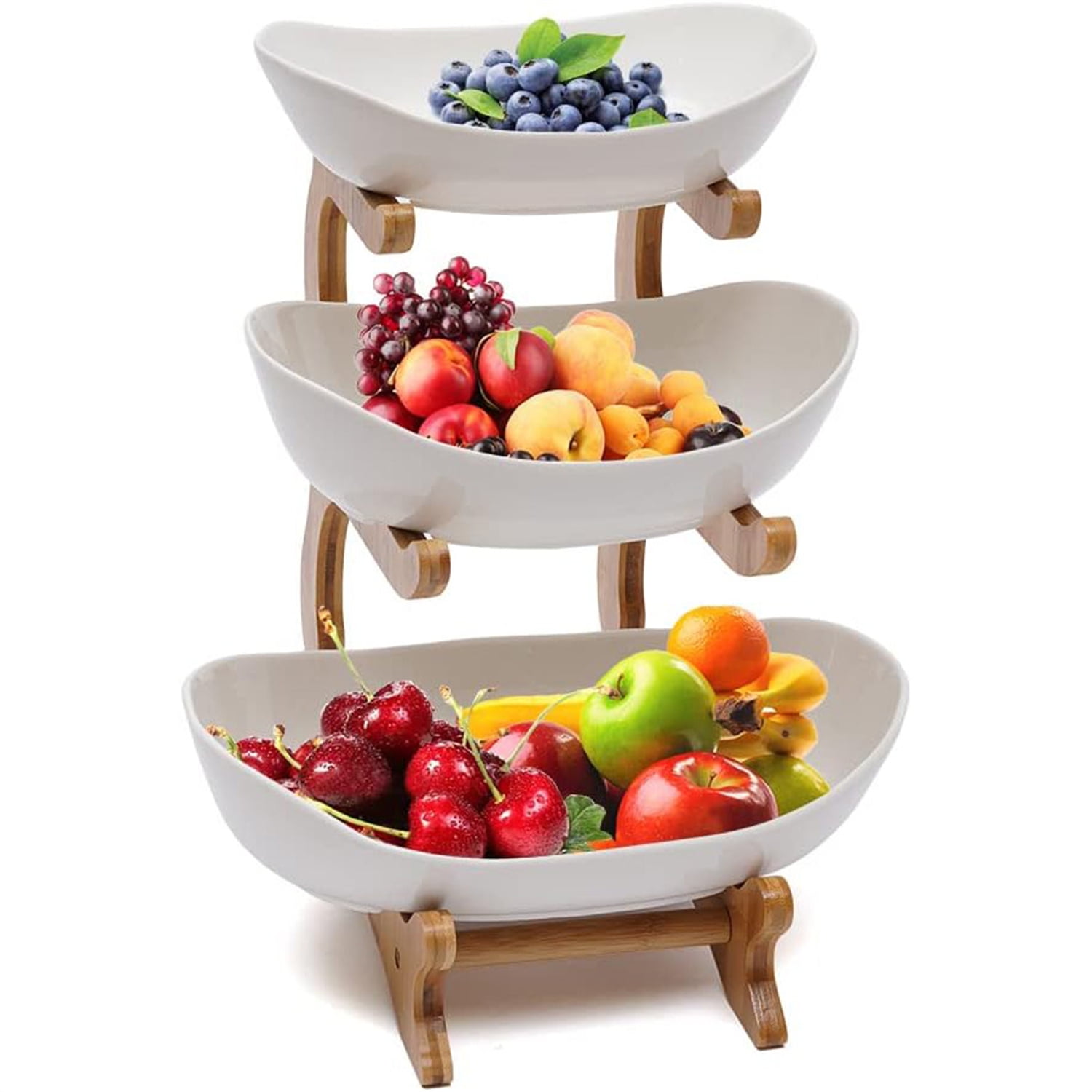 3 Tier Fruit Basket, Plastic Fruit Bowls with Wooden Stand, Fruit Plate ...