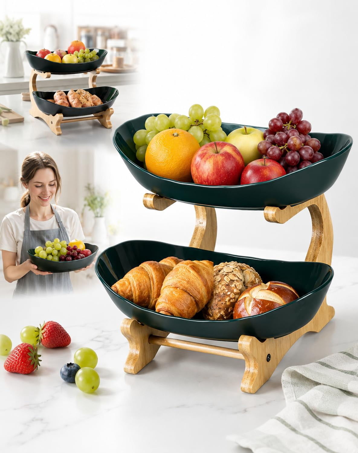 3 Tier Fruit Basket for Kitchen Counter, Oval Plastic Fruit Bowl with ...