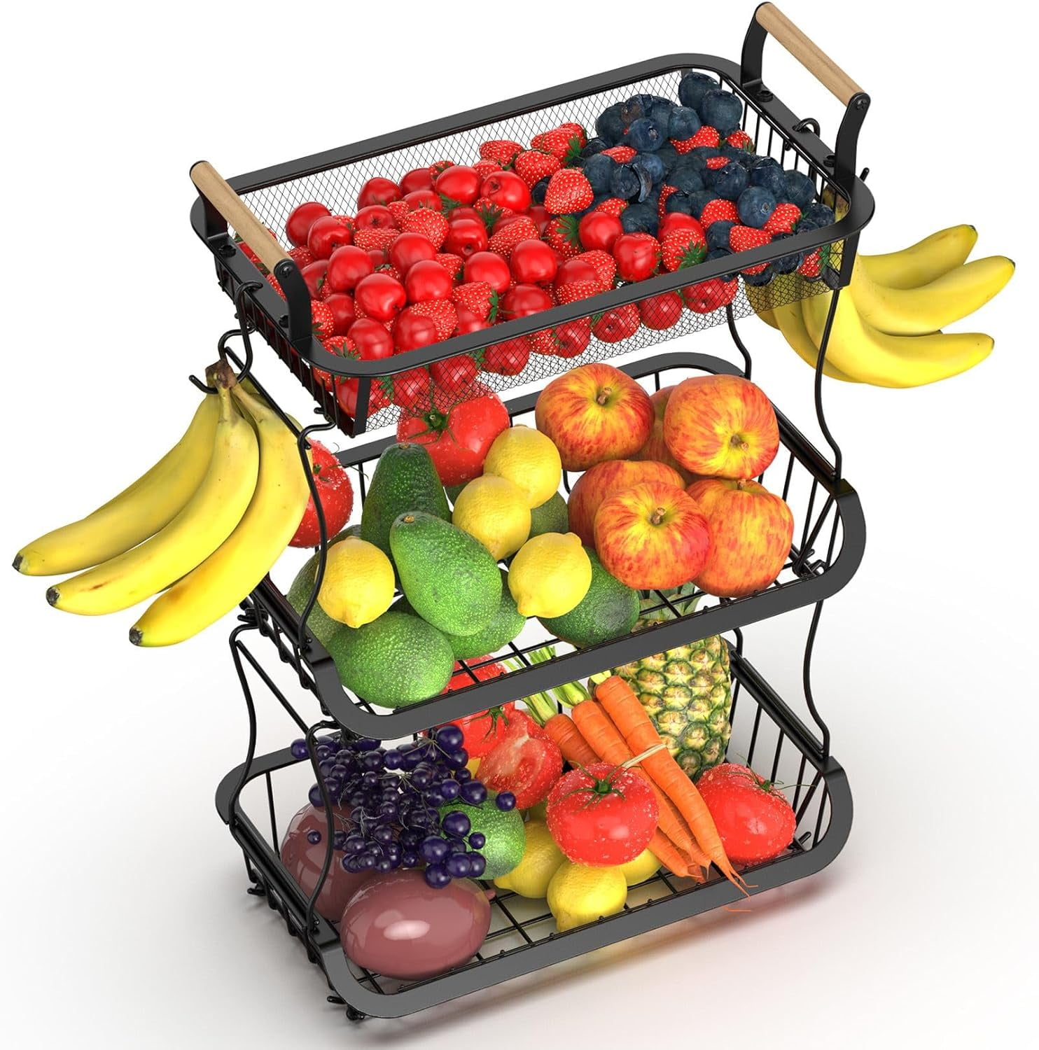 3 Tier Fruit Basket for Kitchen Counter with 2 Banana Hangers, Large ...